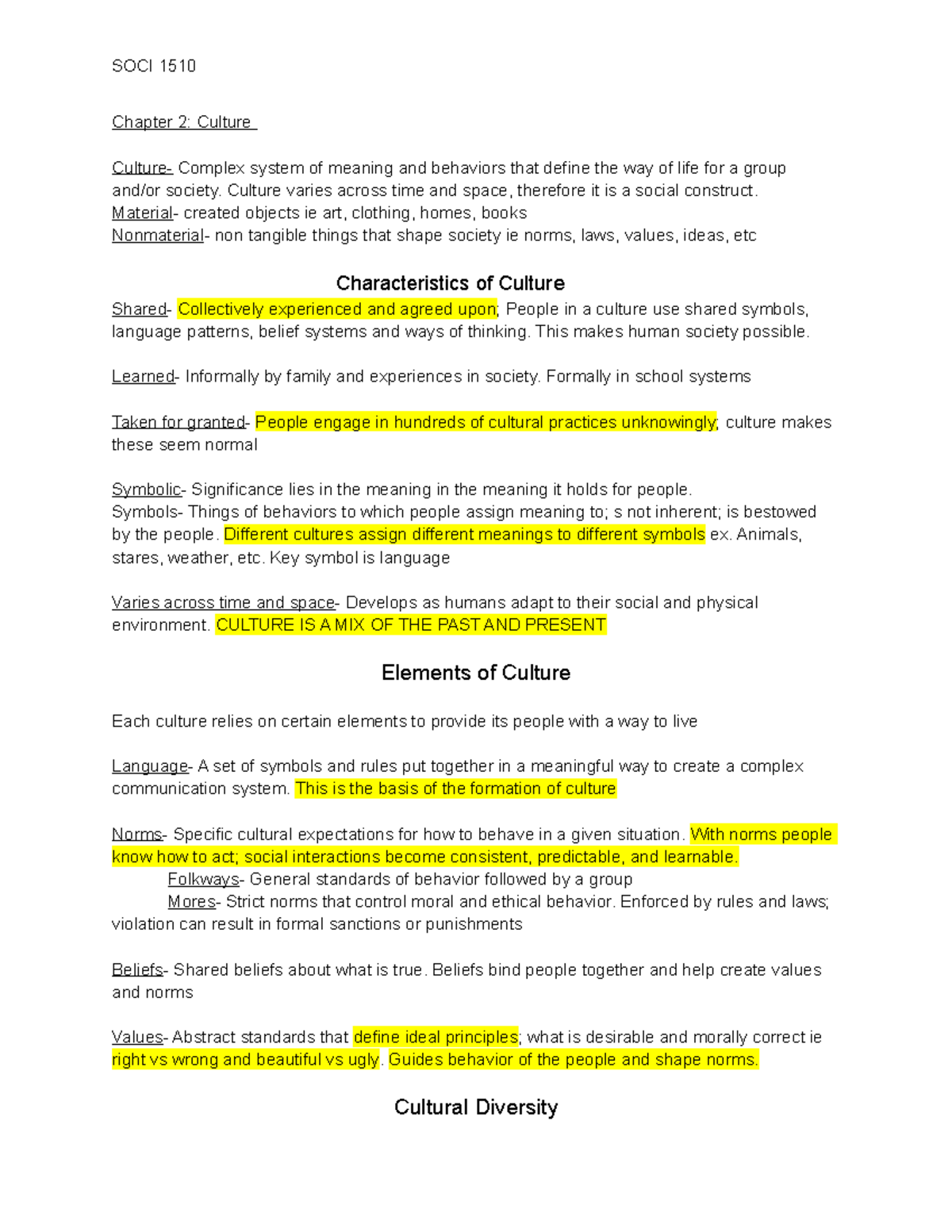 Chapter 2 Culture Notes - SOCI 1510 Chapter 2: Culture Culture- Complex ...