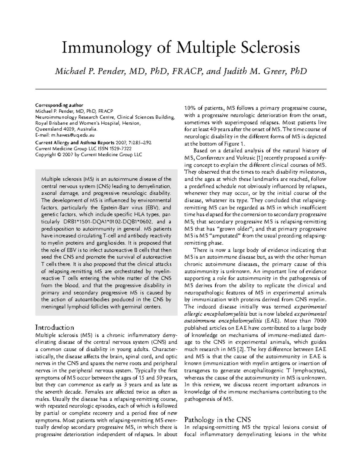 Pender-Greer 2007 Article Immunology Of Multiple Sclerosis - Immunology of Multiple Sclerosis ...