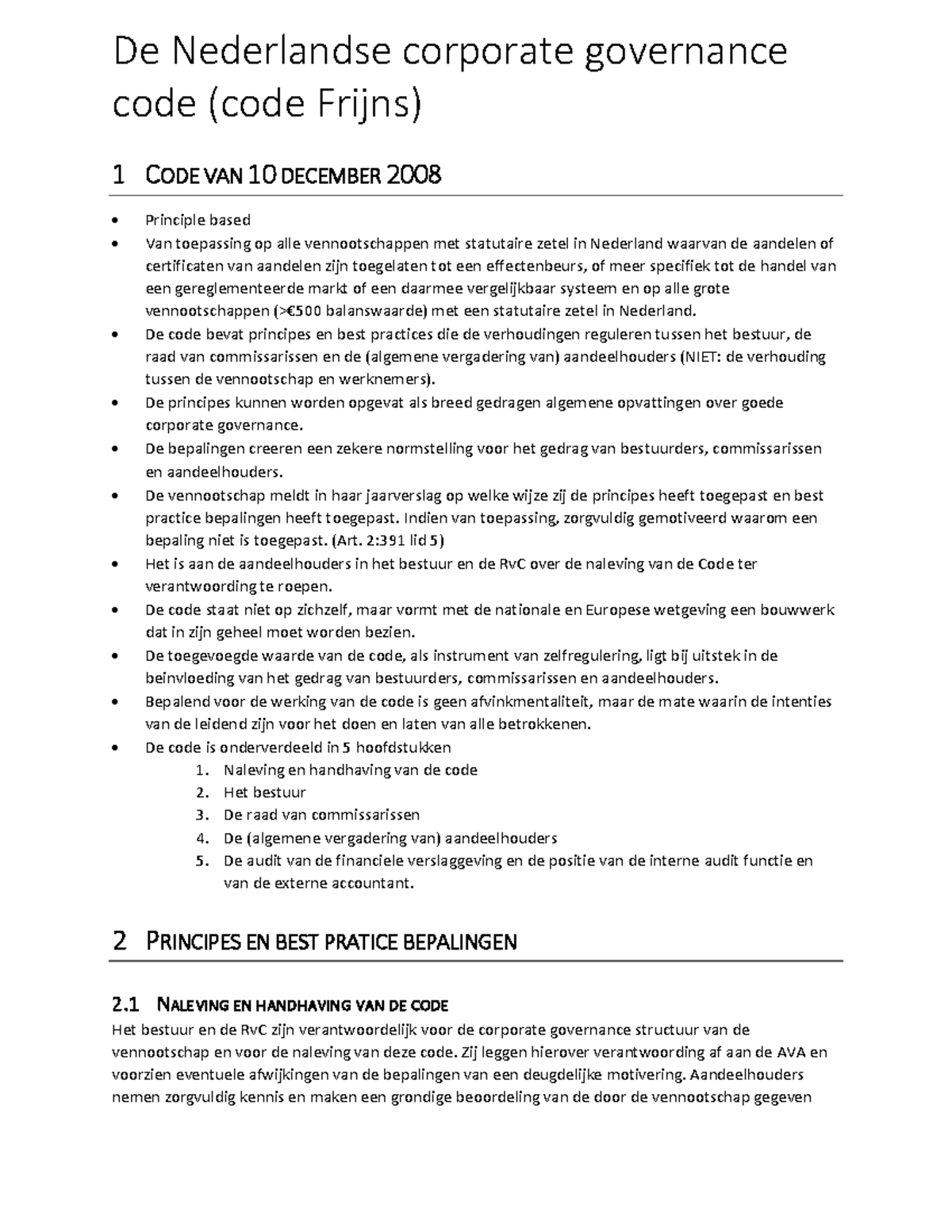 Samenvatting Corporate Governance and Risk Management: Code Frijns - De ...