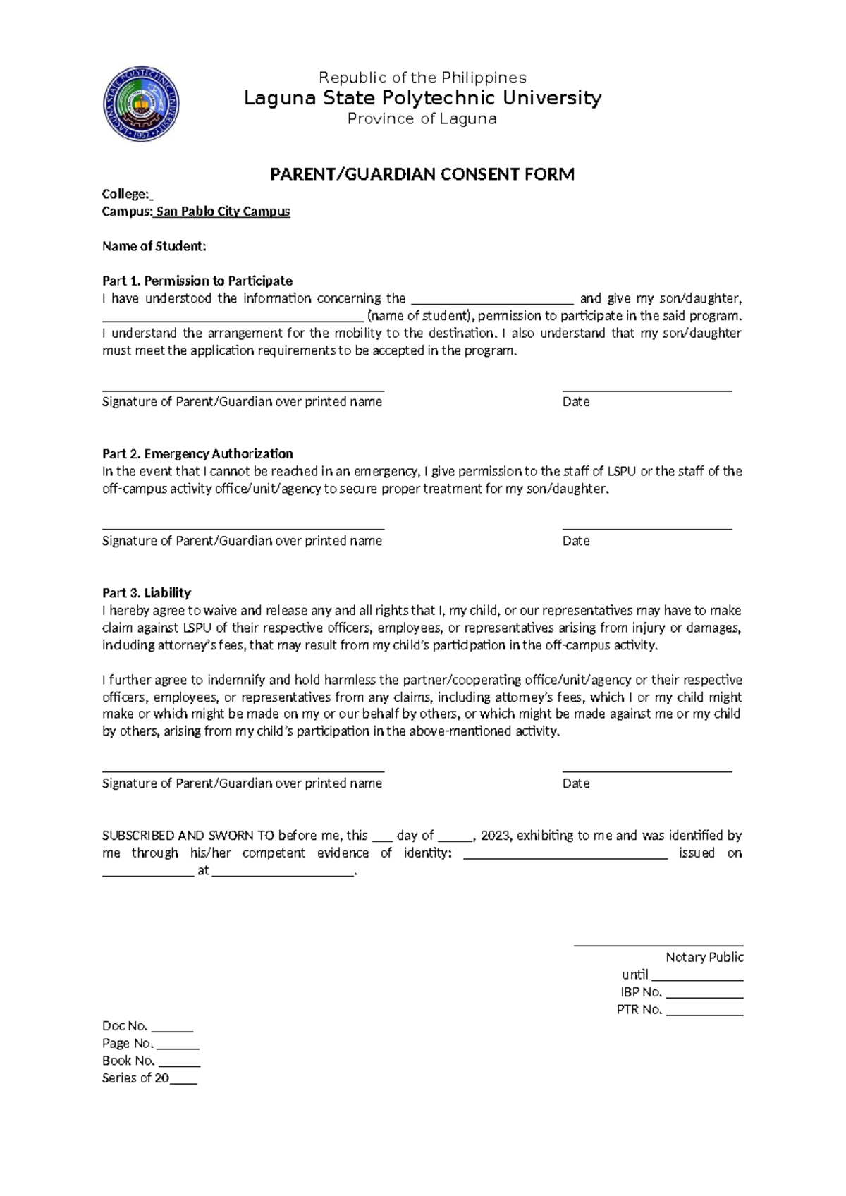 Parent-Consent-Form - cosent - Republic of the Philippines Laguna State ...