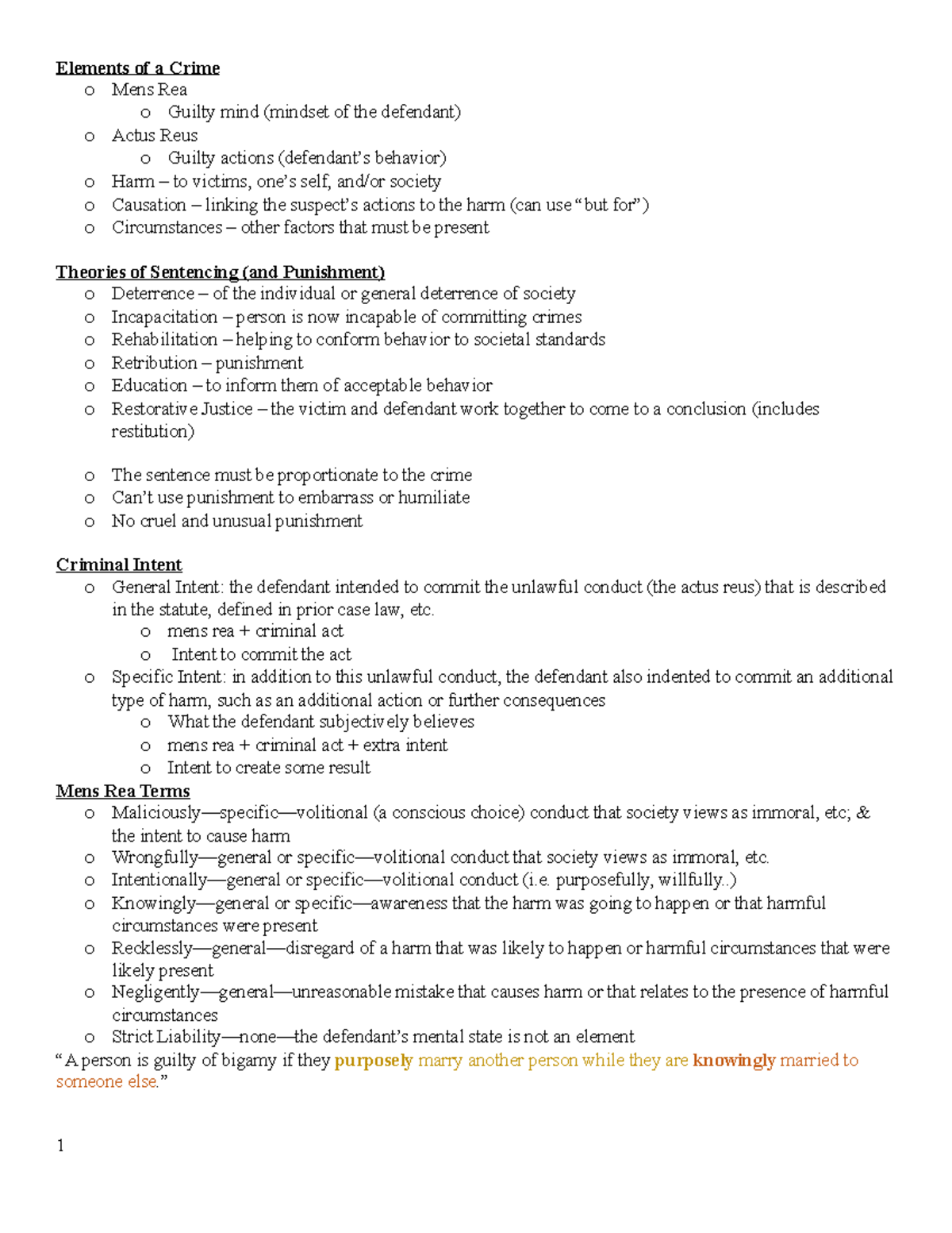 Criminal Law Outline - Elements of a Crime o Mens Rea o Guilty mind ...