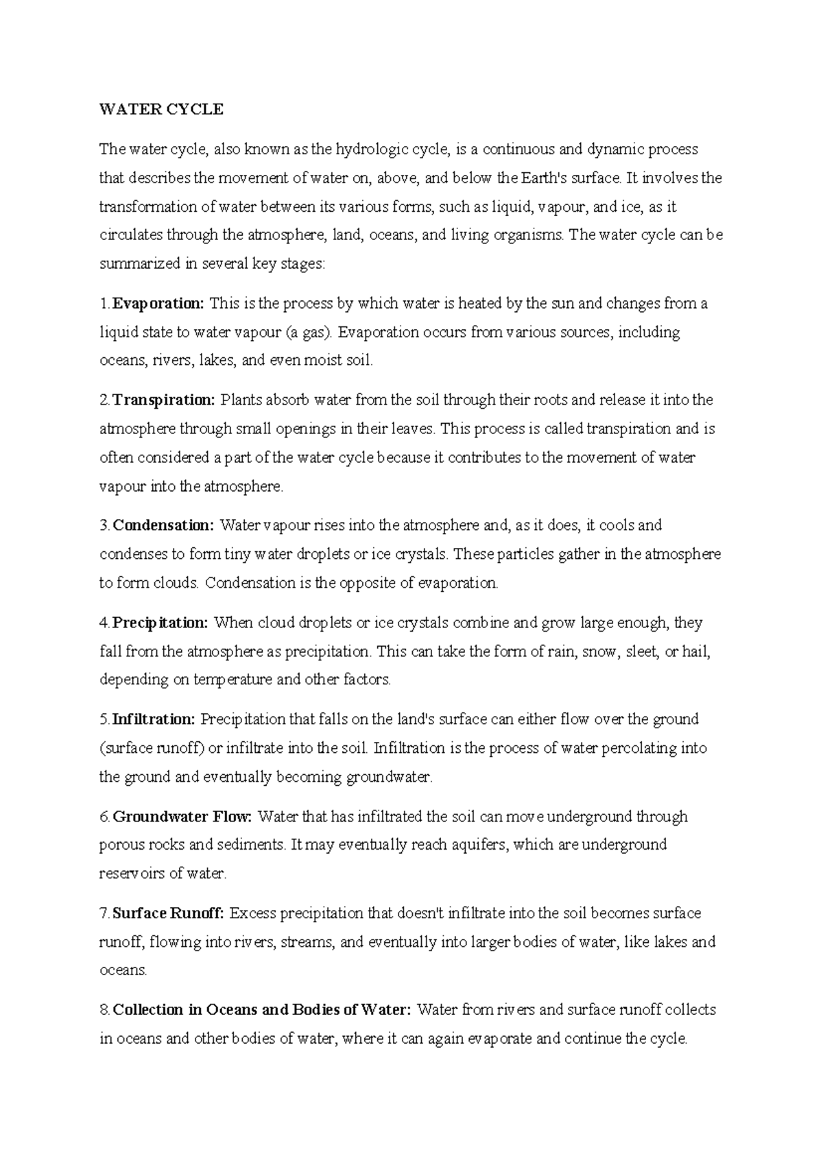 Assignment - Water Cycle - WATER CYCLE The water cycle, also known as ...