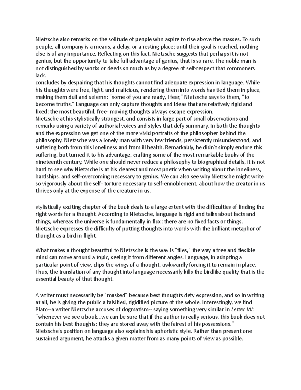 Philosophy 111 - Lecture Notes - Nietzsche also remarks on the solitude ...