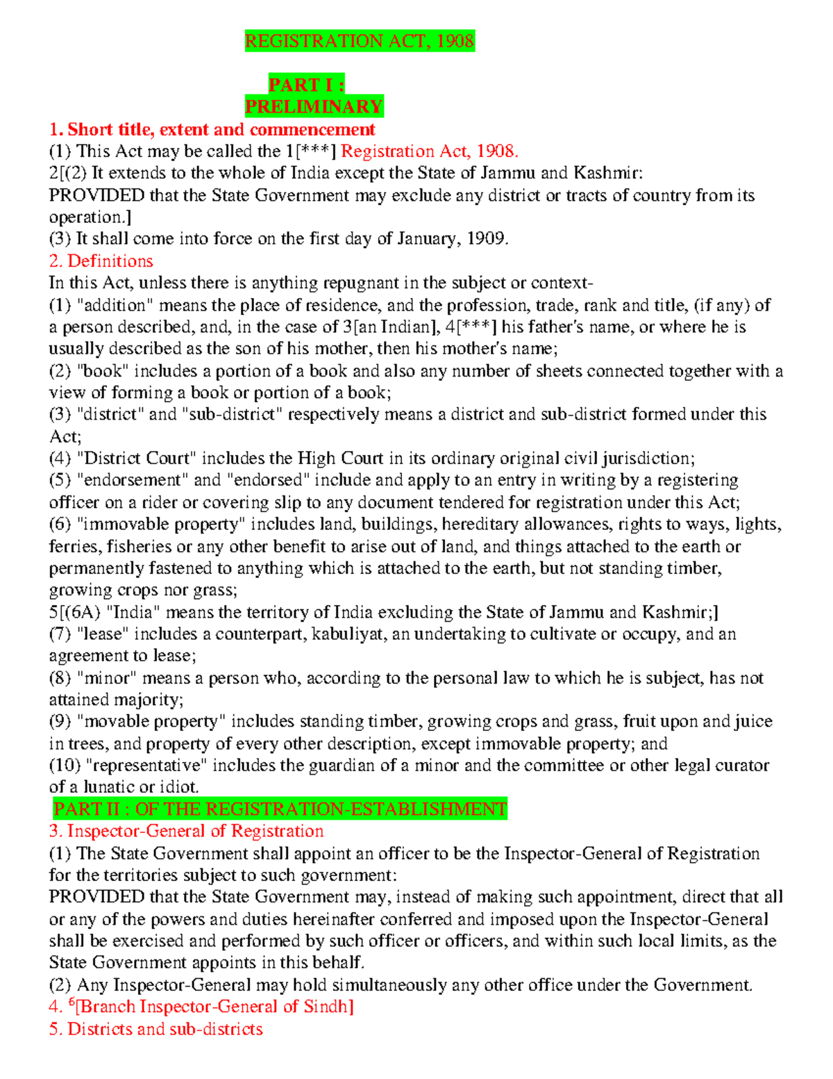 CPC PART 5 - Elaborate notes - REGISTRATION ACT, 1908 PART I ...