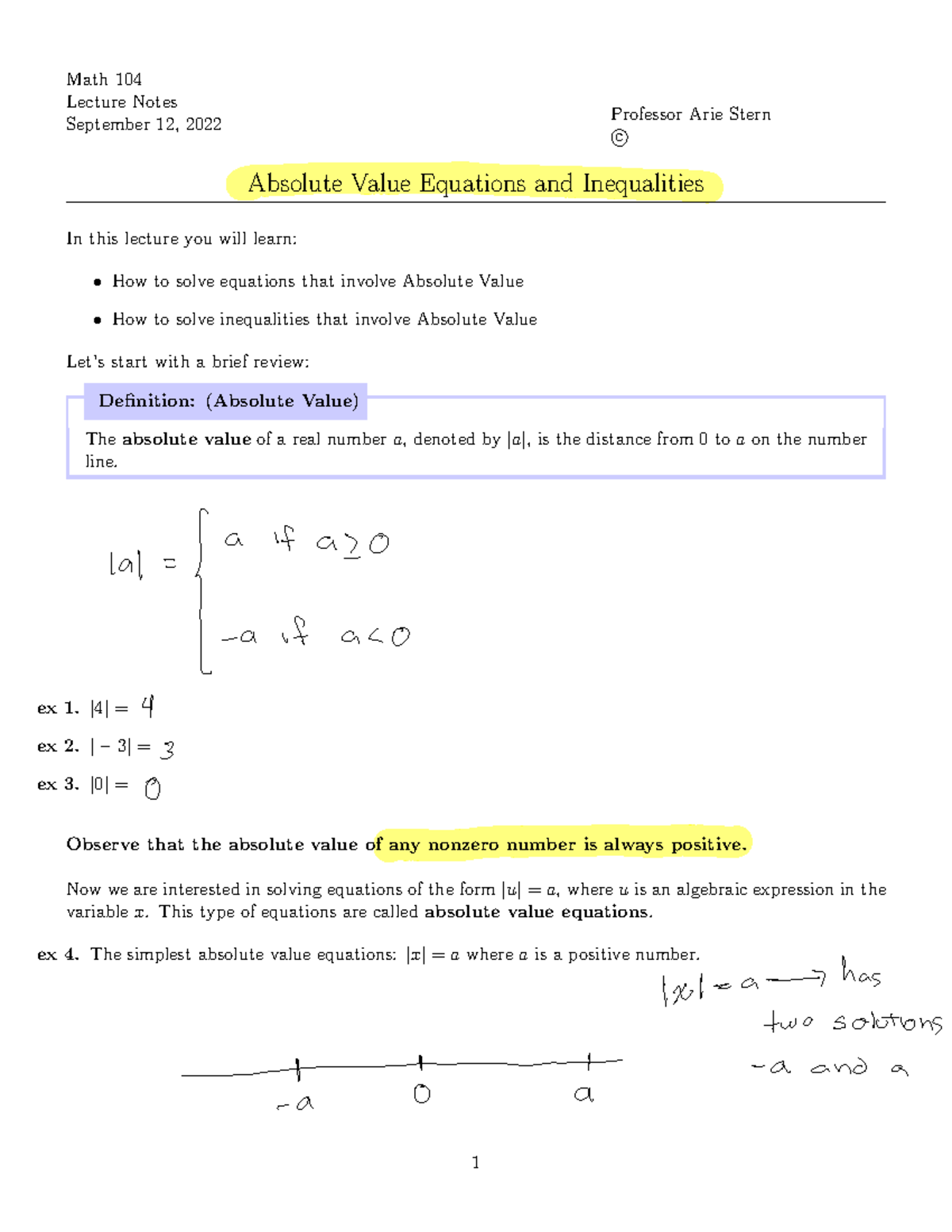 Absolute value Equations and Inequalities - Math 104 Lecture Notes ...