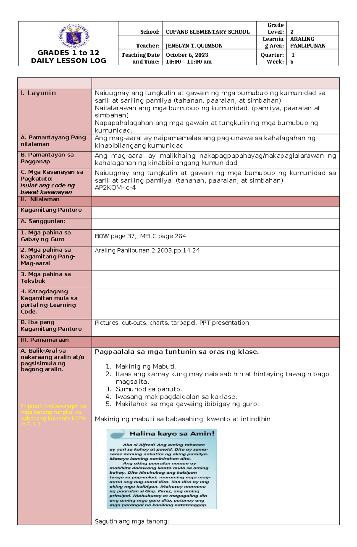 Tungkulin at gawain ng mga bumubuo sa kumonidad-AP2-CO1 - GRADES 1 to 12 DAILY LESSON LOG School ...