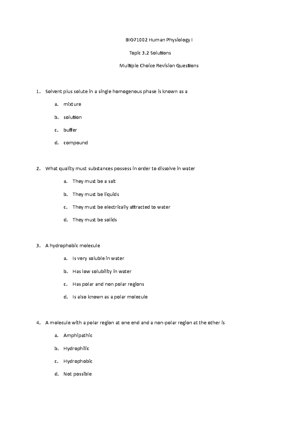 19 S1 HP1 Topic 3.2 Revision MCQ - BIO71002 Human Physiology I Topic 3 ...