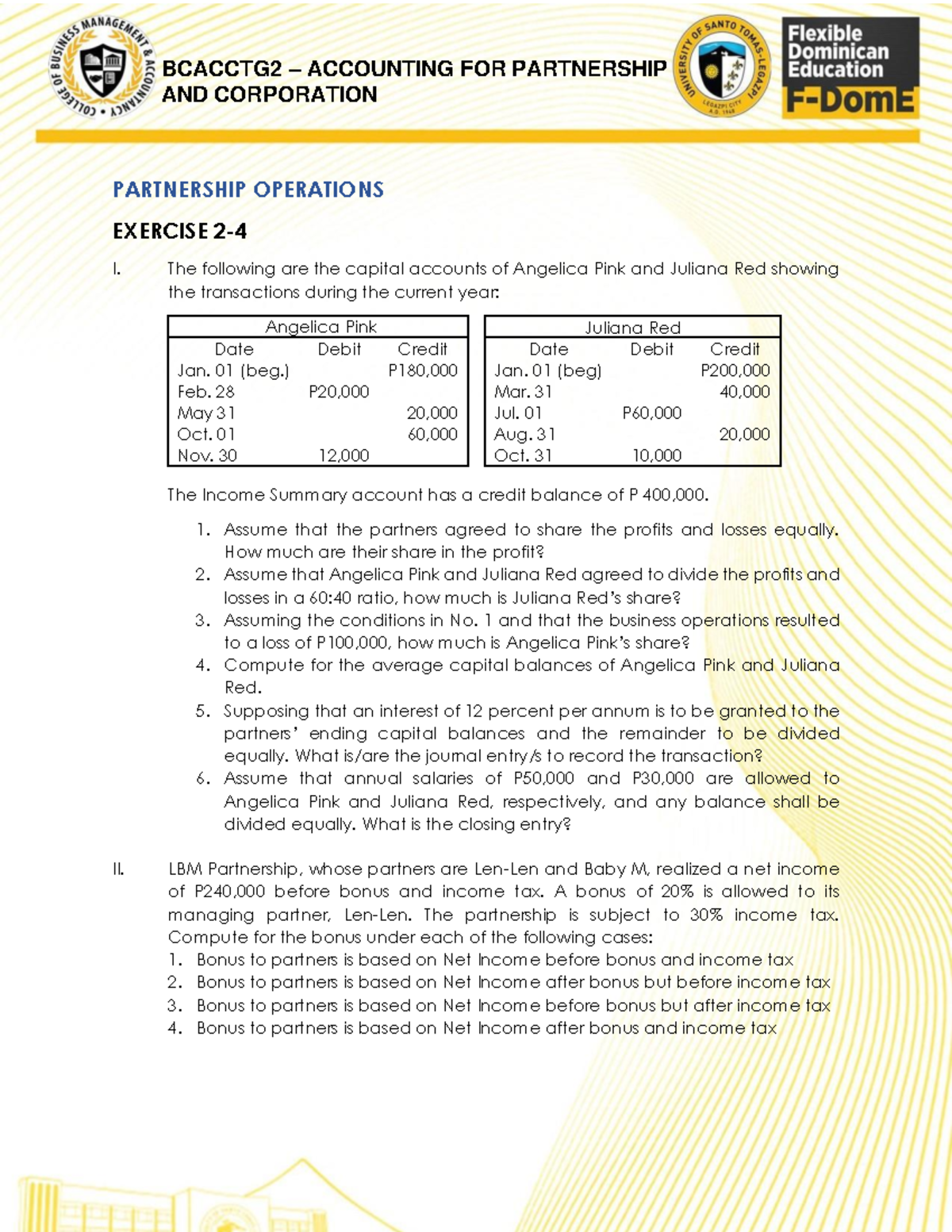 Exercise 2-4 Partnership Operations - BCACCTG2 – ACCOUNTING FOR ...
