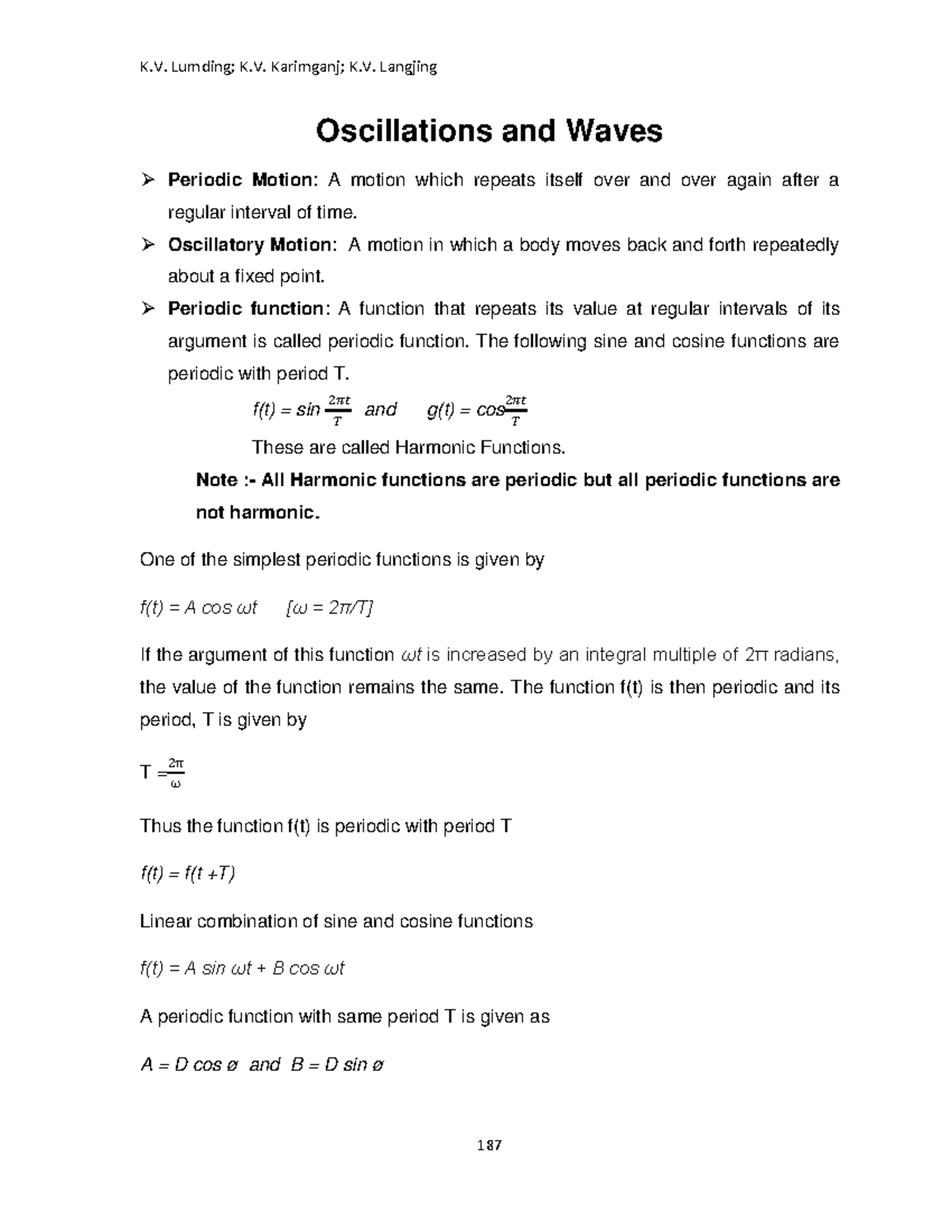 11 Physics Notes 10 Oscillations And Waves Oscillations And Waves