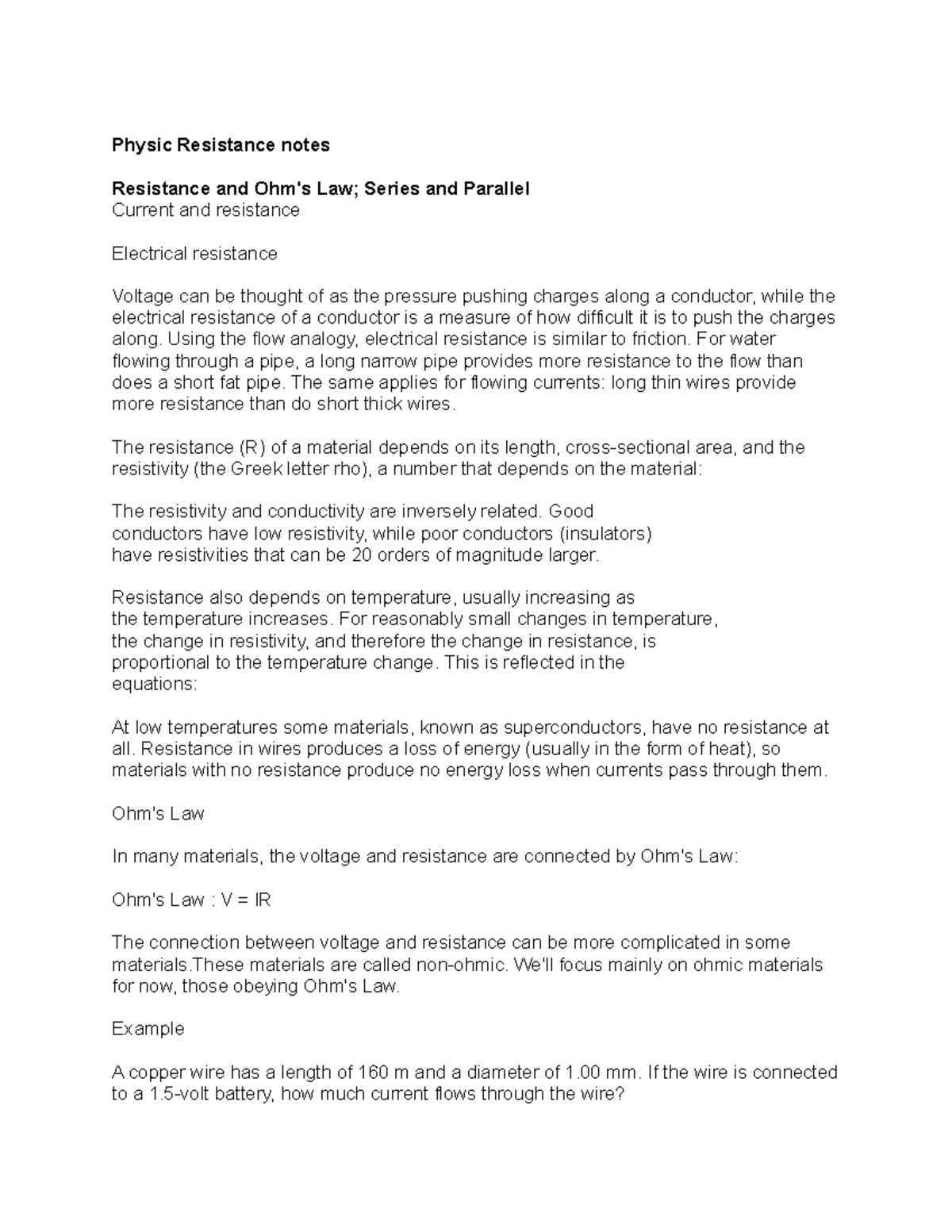 Physic Resistance notes - Physic Resistance notes Resistance and Ohm's ...