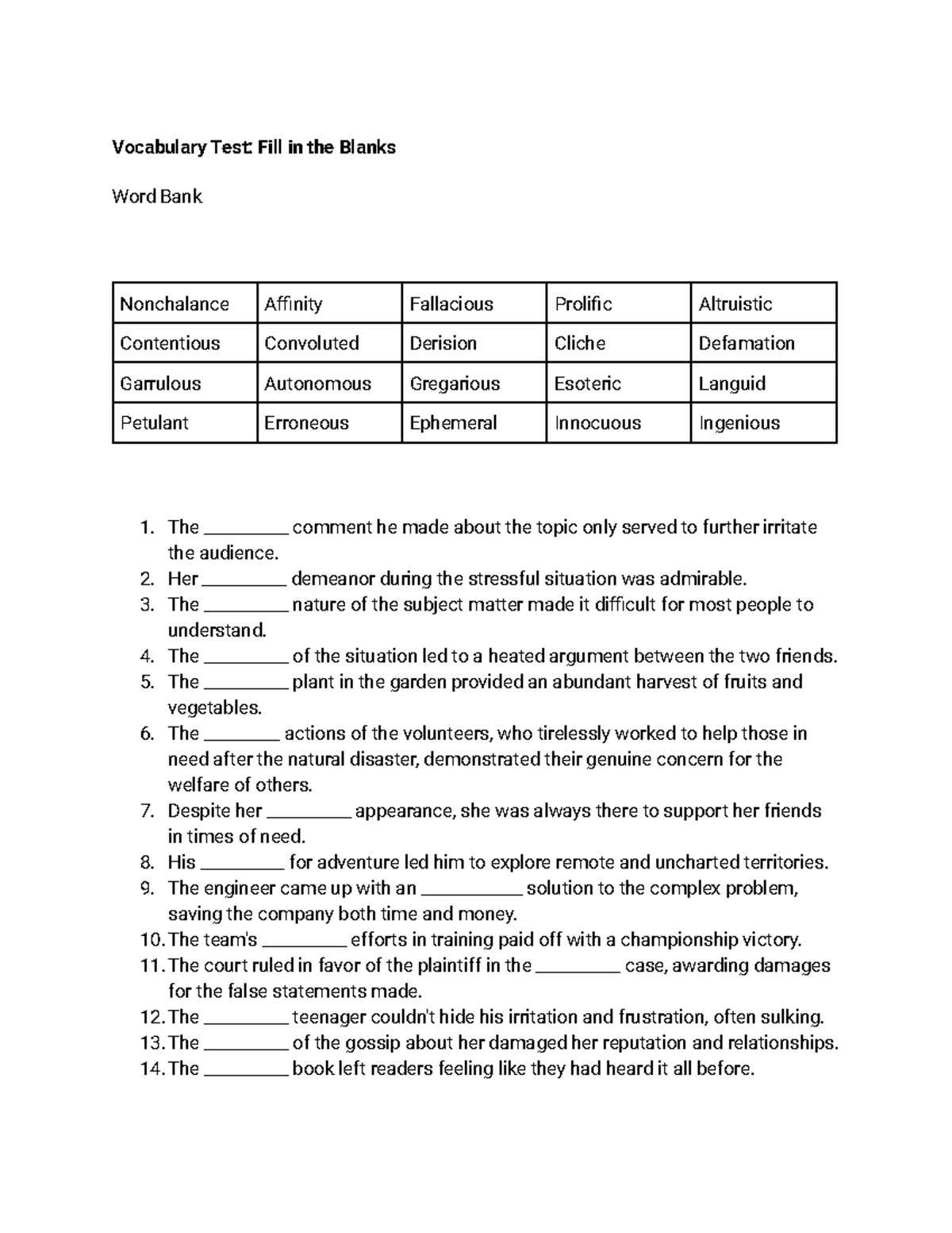 Quarter 2, Unit 2 Vocab Quiz - Vocabulary Test: Fill in the Blanks Word ...