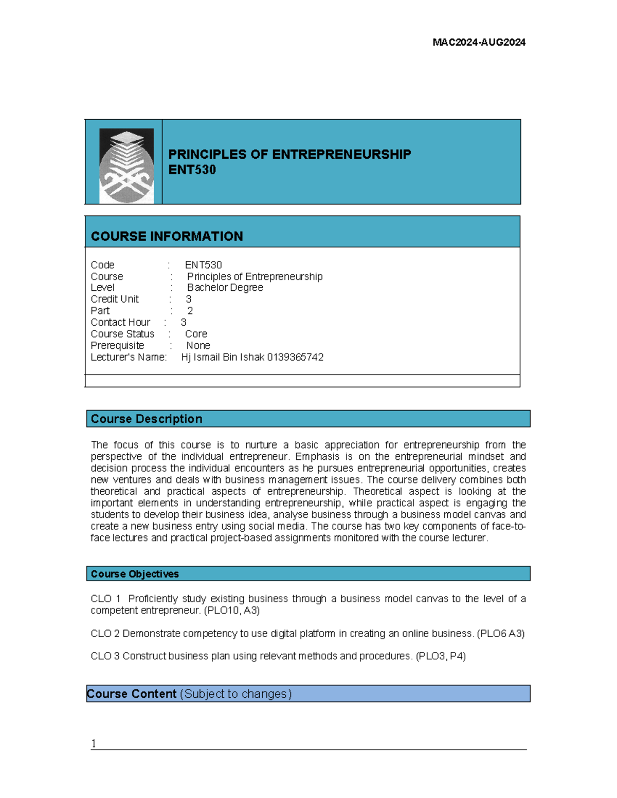 ENT530 Lesson PLAN - PRINCIPLES OF ENTREPRENEURSHIP ENT COURSE ...