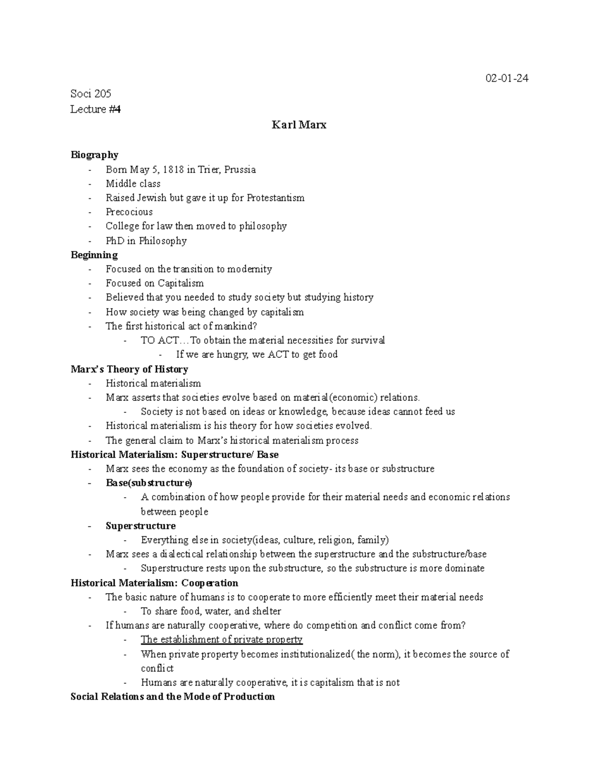 Soci 205- Karl Marx - 02-01- Soci 205 Lecture Karl Marx Biography - Born May 5, 1818 in Trier ...