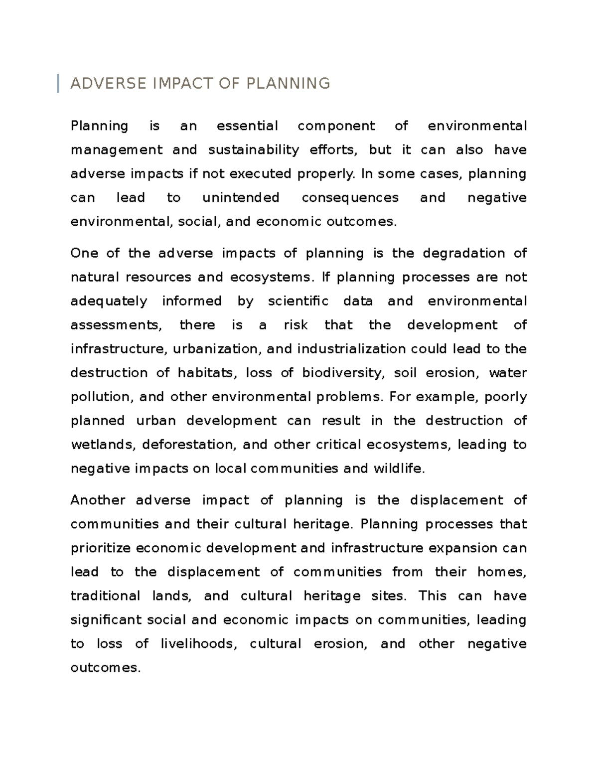 A short note on Adverse impact of planning - ADVERSE IMPACT OF PLANNING ...