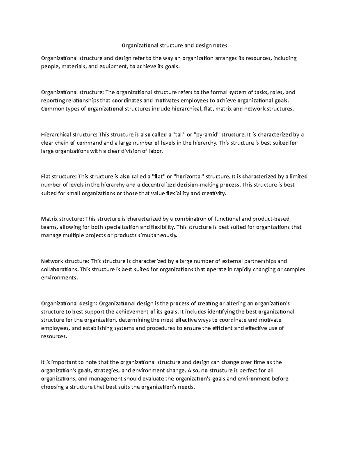 Organizational structure and design notes - Organizational structure ...