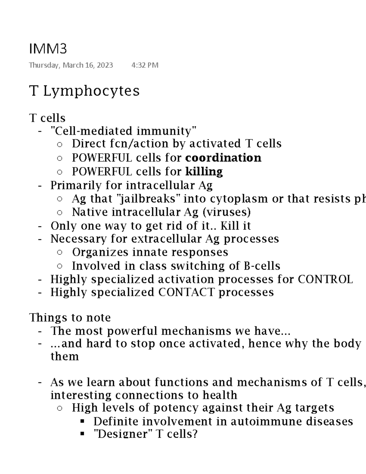 IMM3 - Lecture notes - T Lymphocytes T cells "Cell-mediated immunity ...