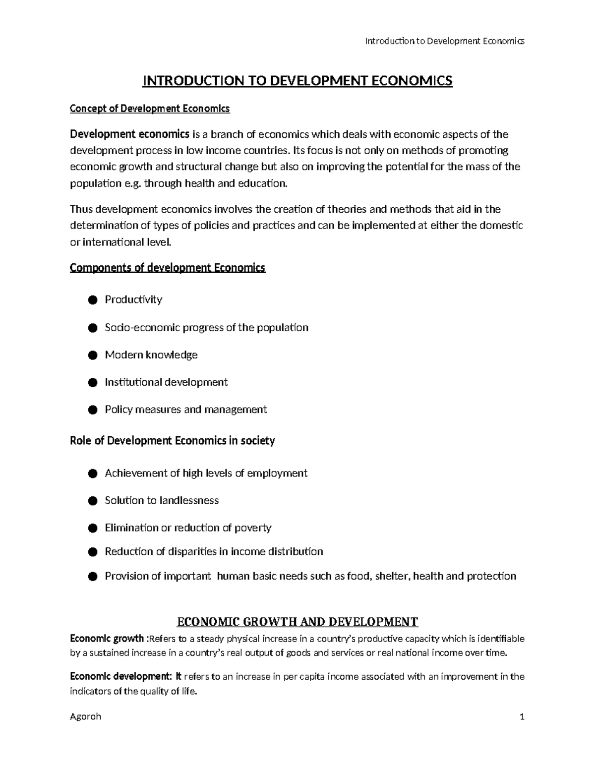 Introduction TO Development Economics - INTRODUCTION TO DEVELOPMENT ...