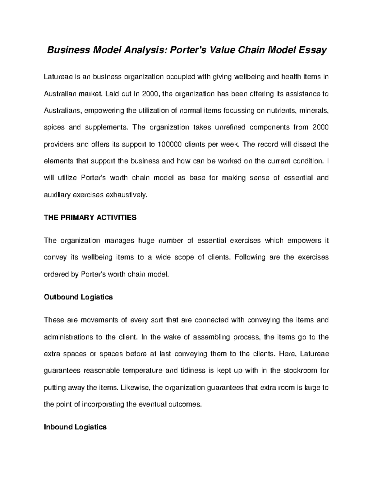 Business Model Analysis: Porter's Value Chain Model Essay - Laid out in ...