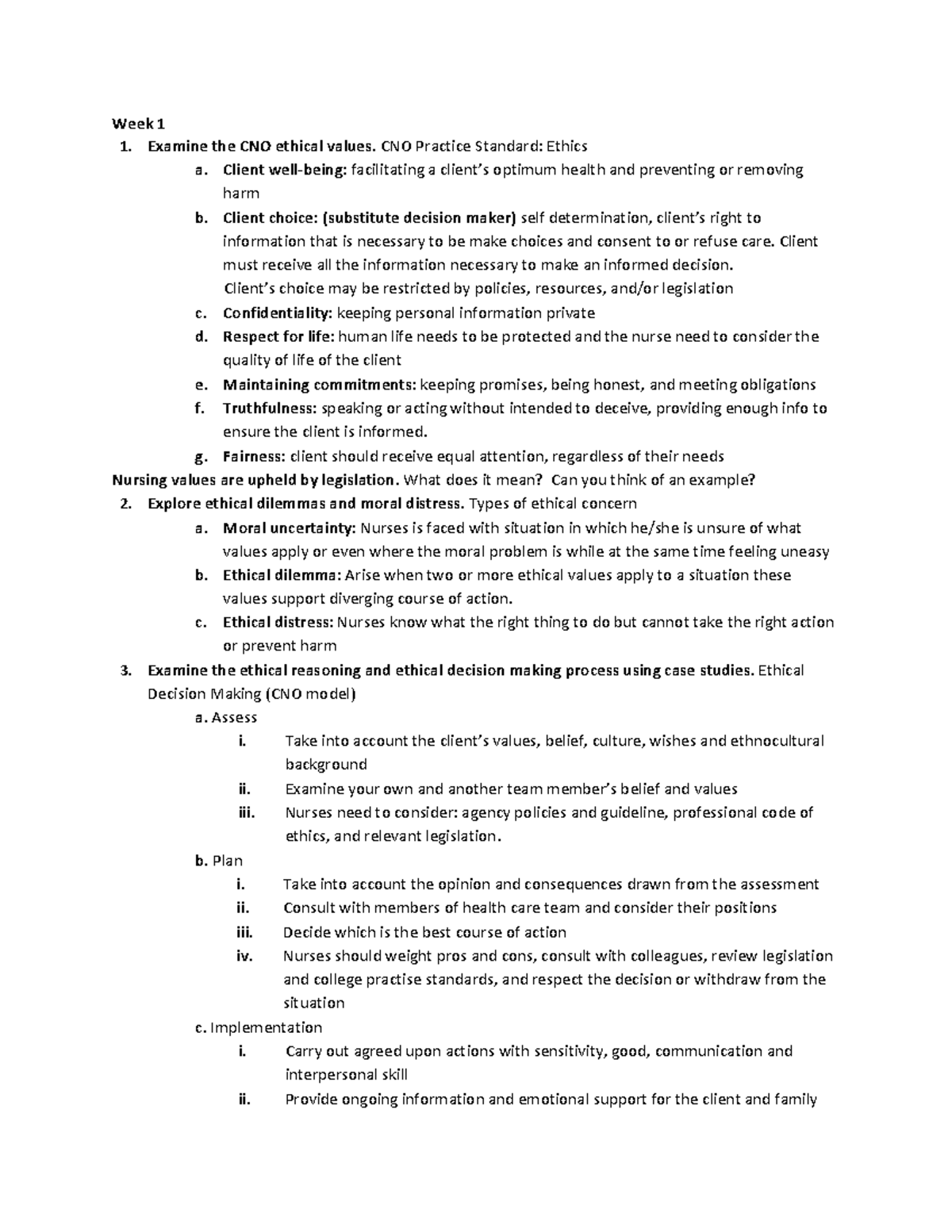 PPG Learning Outcomes Weeks 1-12 - Week 1 1. Examine the CNO ethical ...