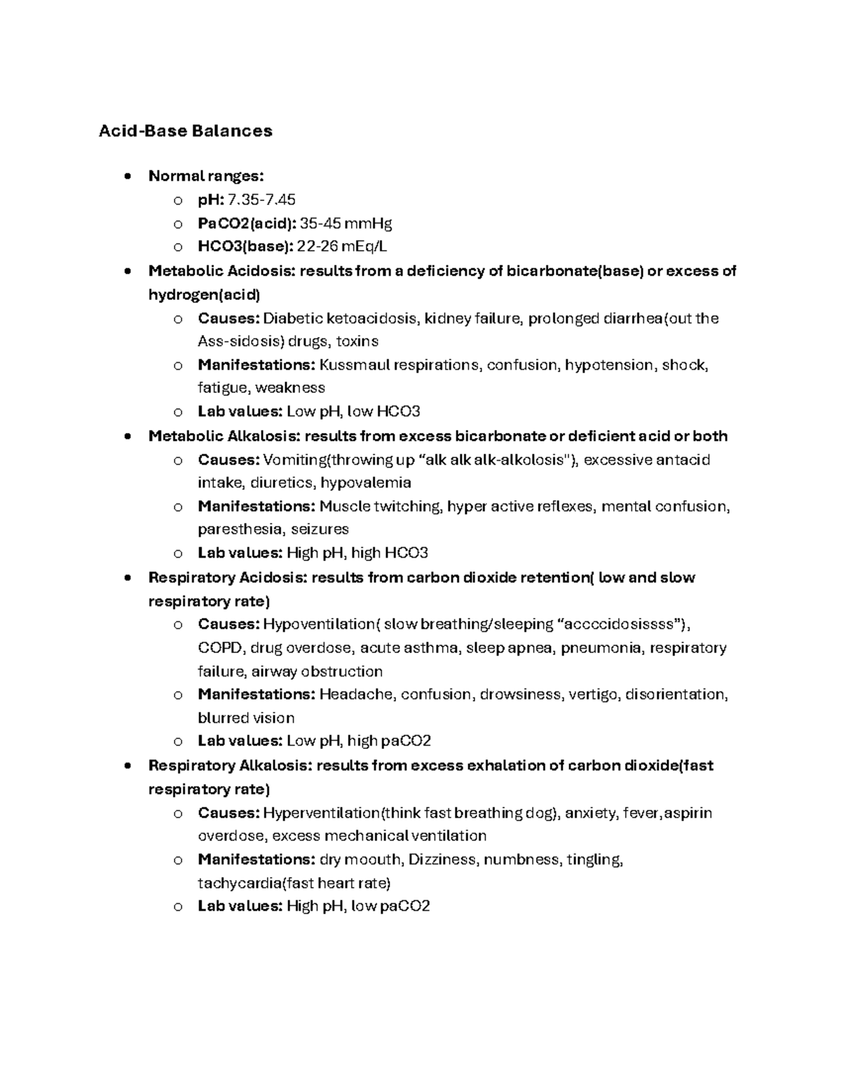 Patho exam 1 study guide - Acid-Base Balances Normal ranges: o pH: 7-7 ...