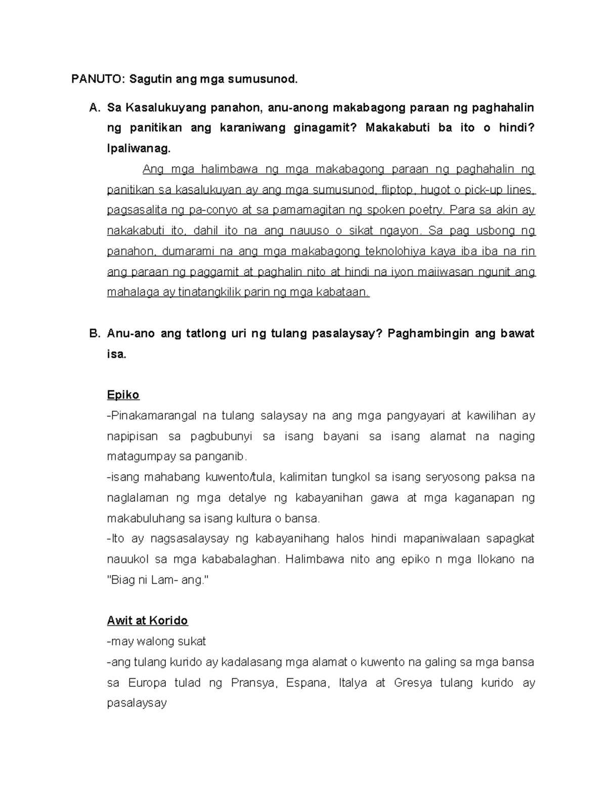 AWIT AT KORIDO, EPIKO - PANUTO: Sagutin ang mga sumusunod. A. Sa ...