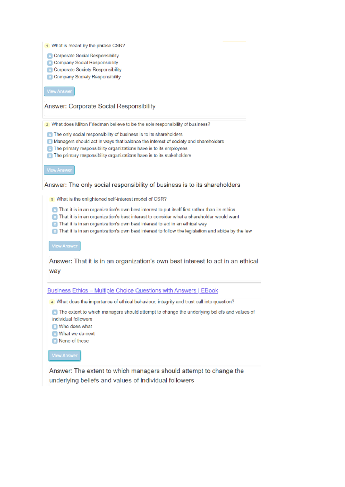 Bus Ethics MCQ Online - Test practice material - 1 What is meant the ...