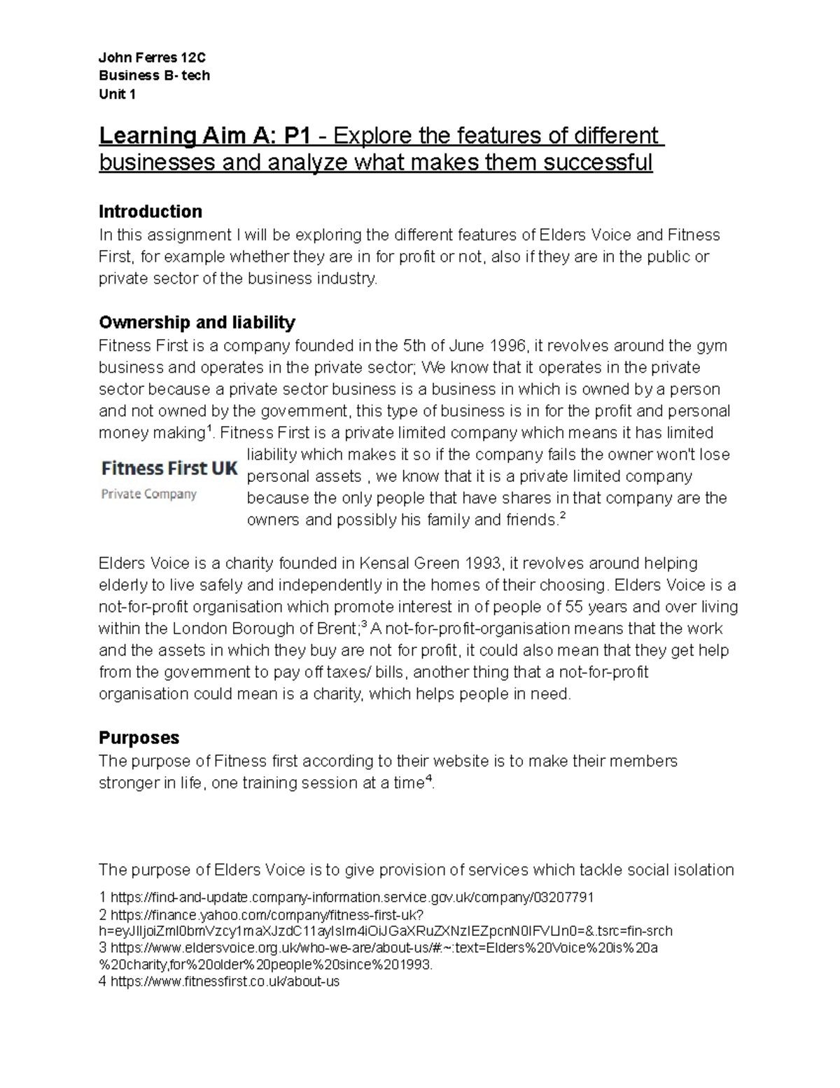 P1 Learning Aim A: P1 - Explore the features of different businesses ...