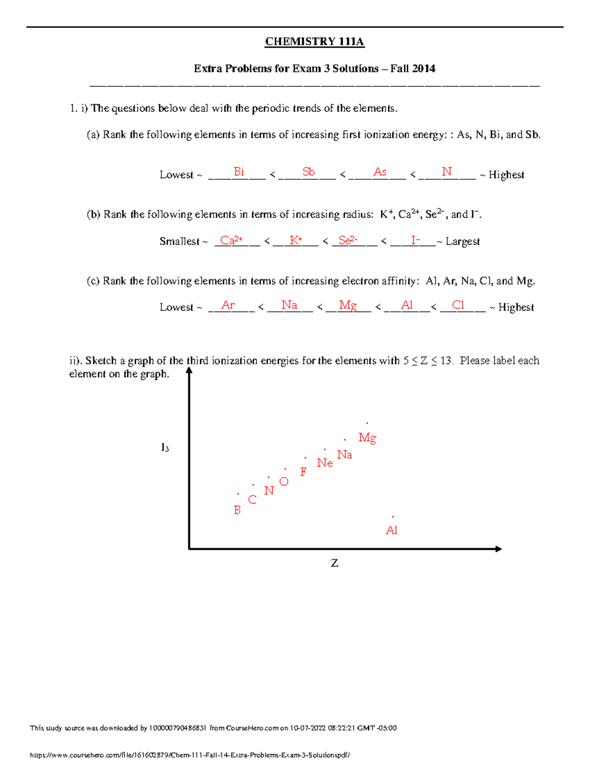 Chem 111 Fall 14 Extra Problems Exam 3 Solutions - CHEMISTRY 111A Extra ...