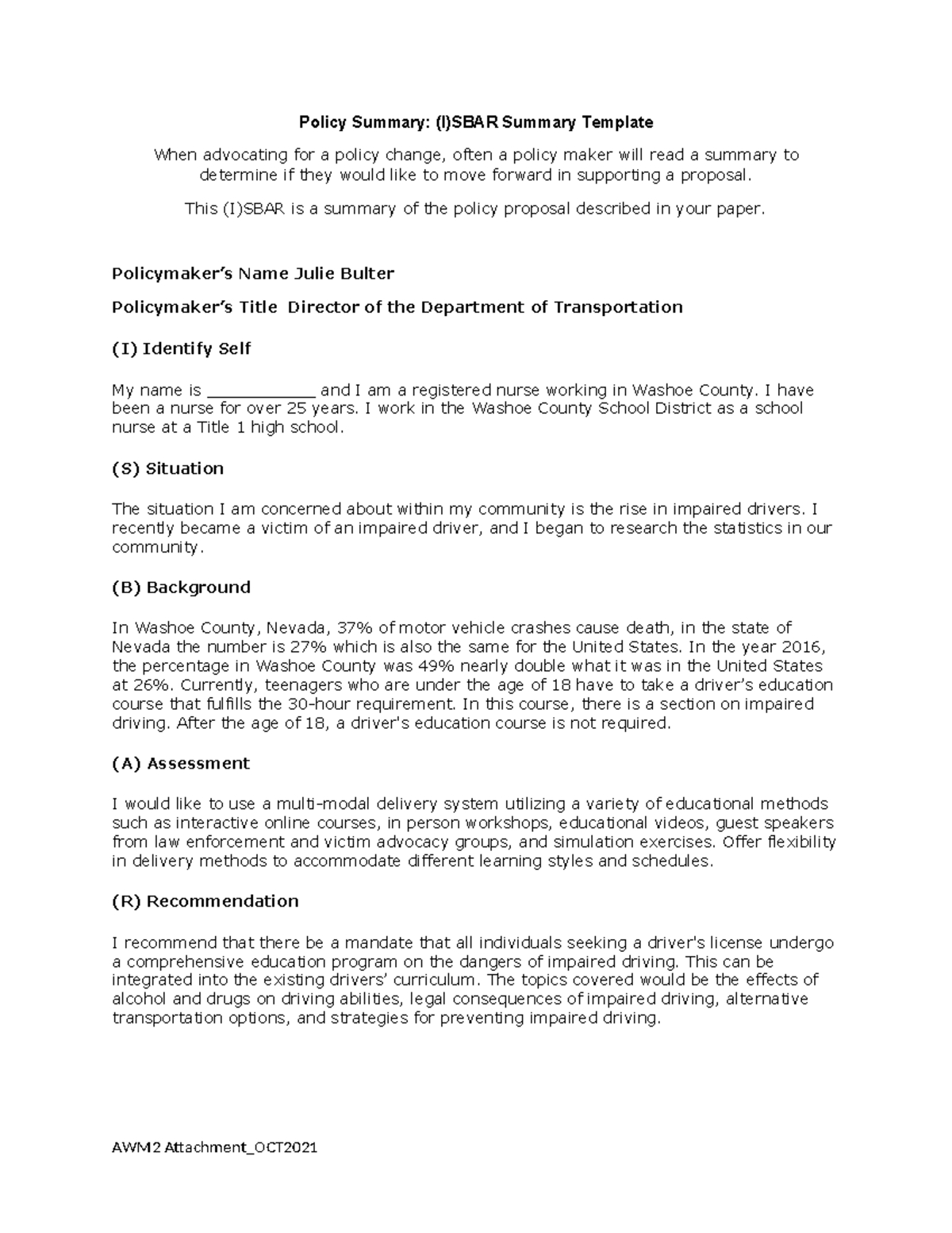 (I)SBAR D025 - Policy Summary: (I)SBAR Summary Template When advocating for a policy change ...