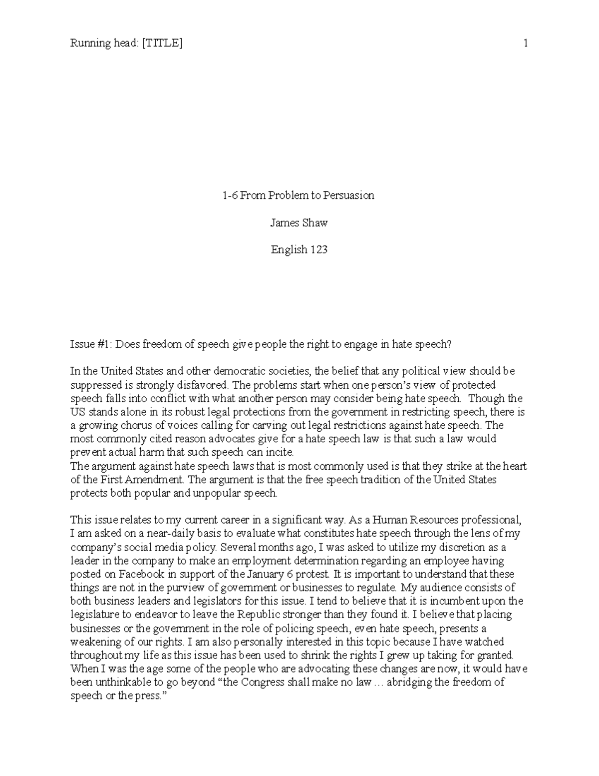 1-6 copy coursework persuasive essay - Running head: [TITLE] 1 1-6 From ...
