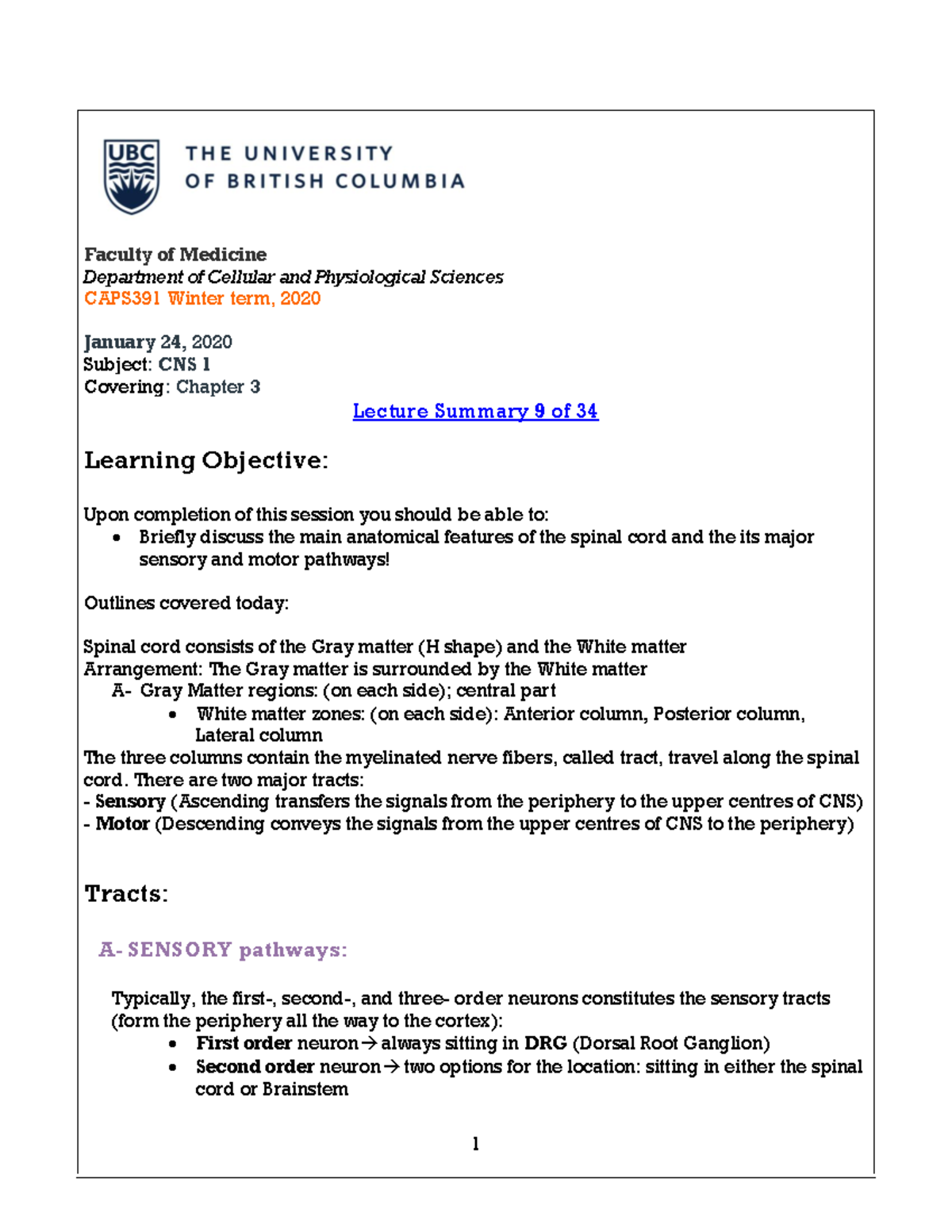 Lecture Summary 9 of 34- CNS 1 (Jan 24, 2020) - Faculty of Medicine ...