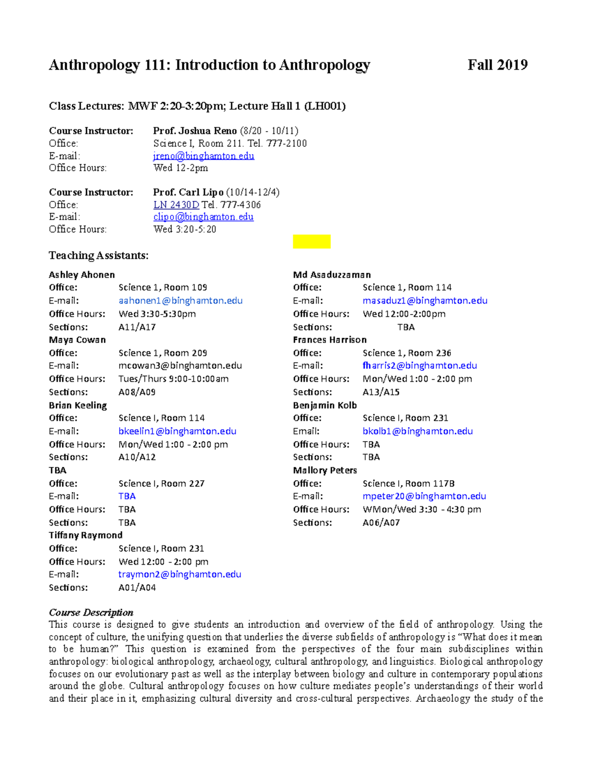Anth 111 Introduction to Anthropology Syllabus Fall 2019 - Anthropology ...