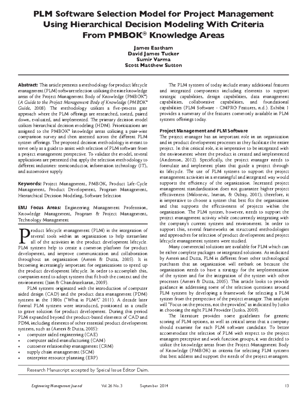 PLM Software Selection Model for Project Management Using Hierarchical ...