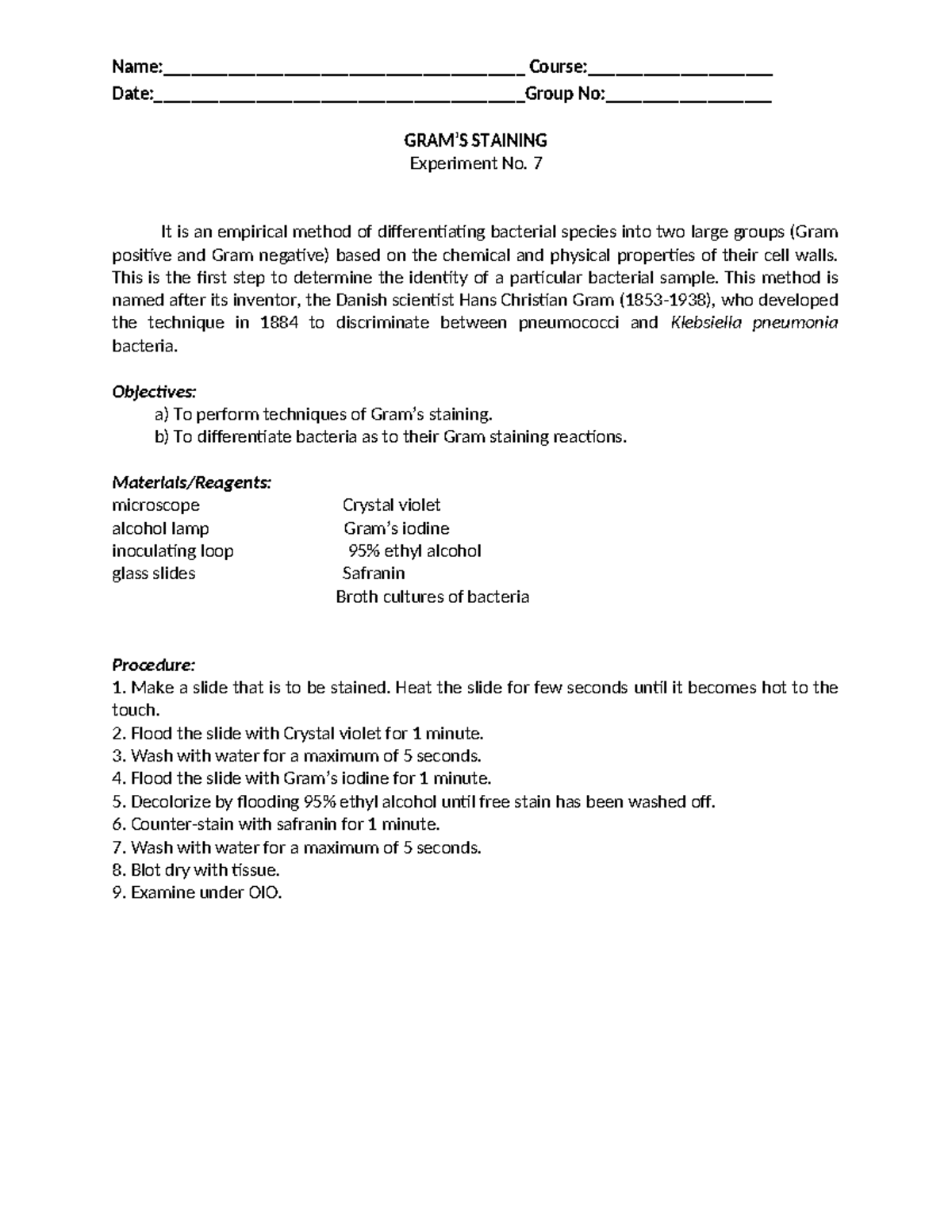 Worksheet - 7 GRAM Staining - Name ...