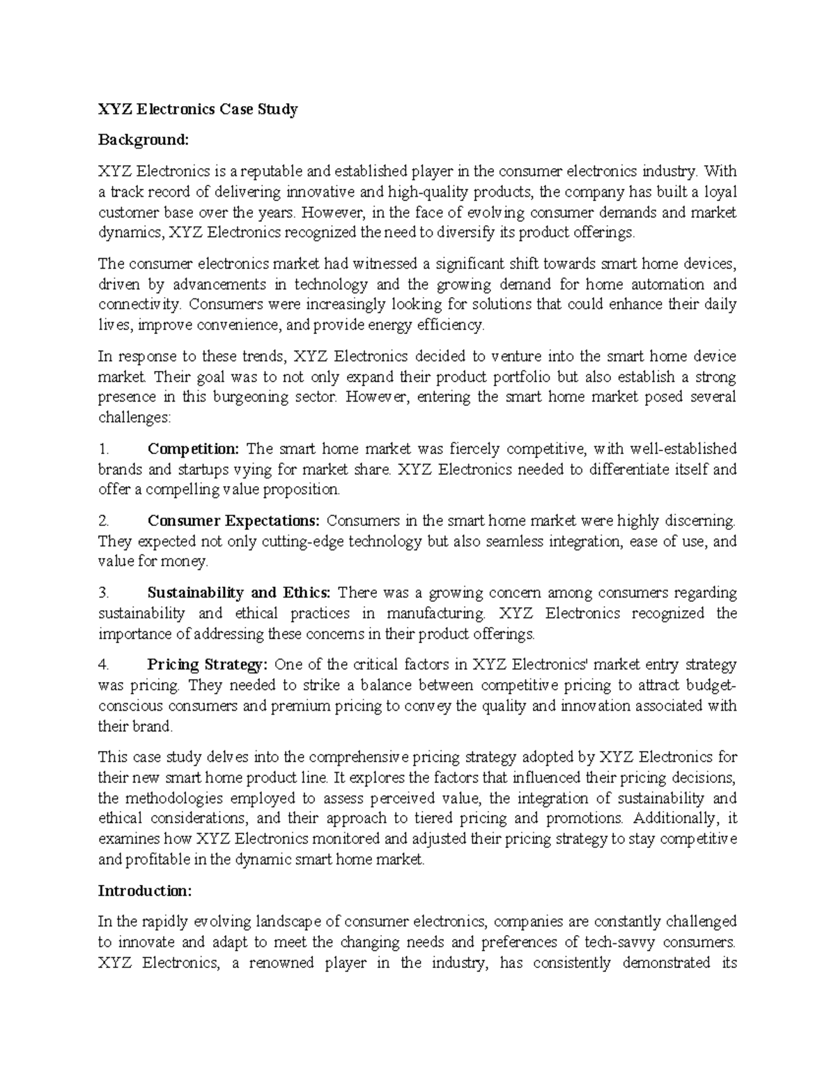Assignment 2 Case study - XYZ Electronics Case Study Background: XYZ Electronics is a reputable ...