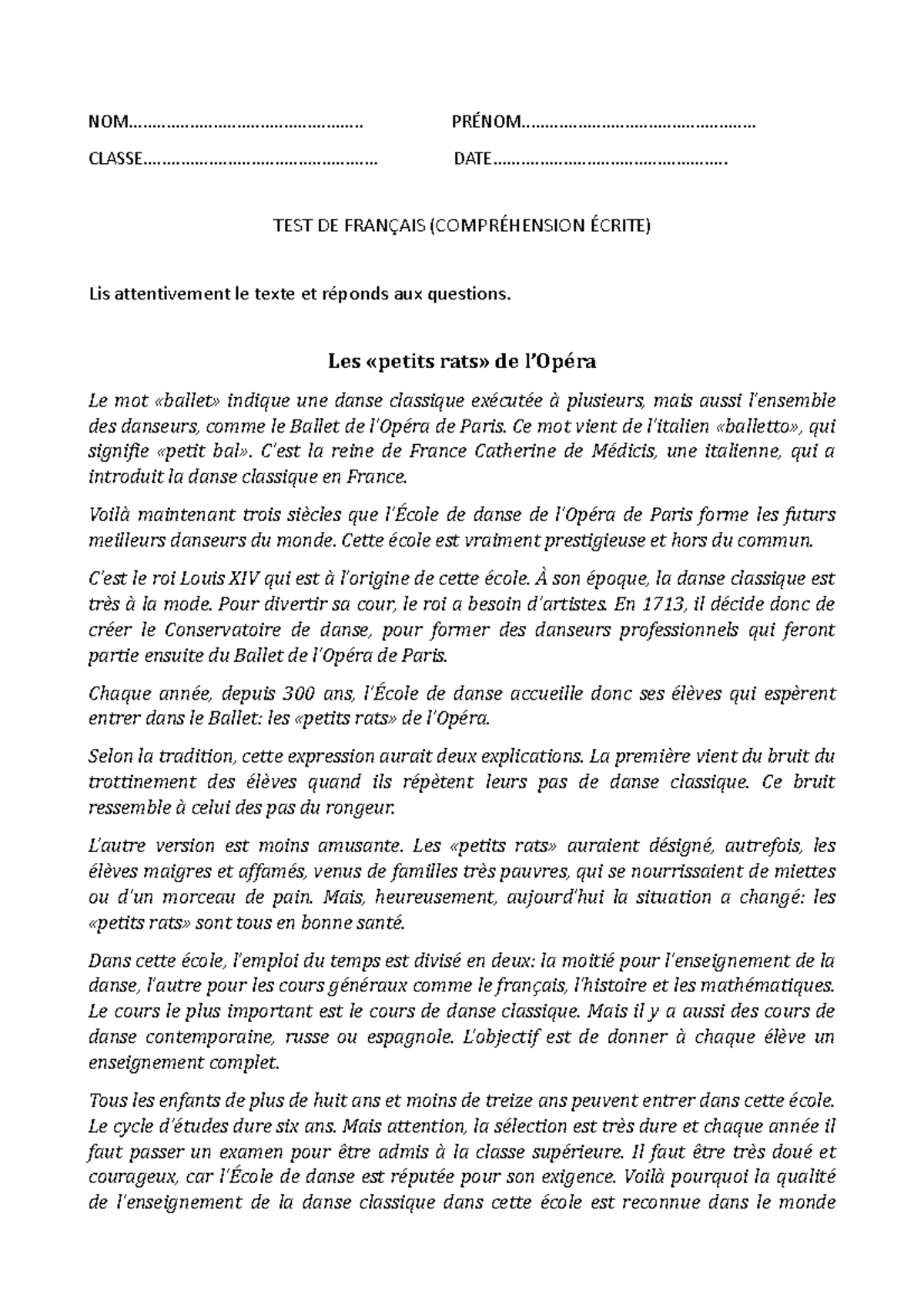 Compréhension écrite Les petits rats de l Opéra - - Studocu