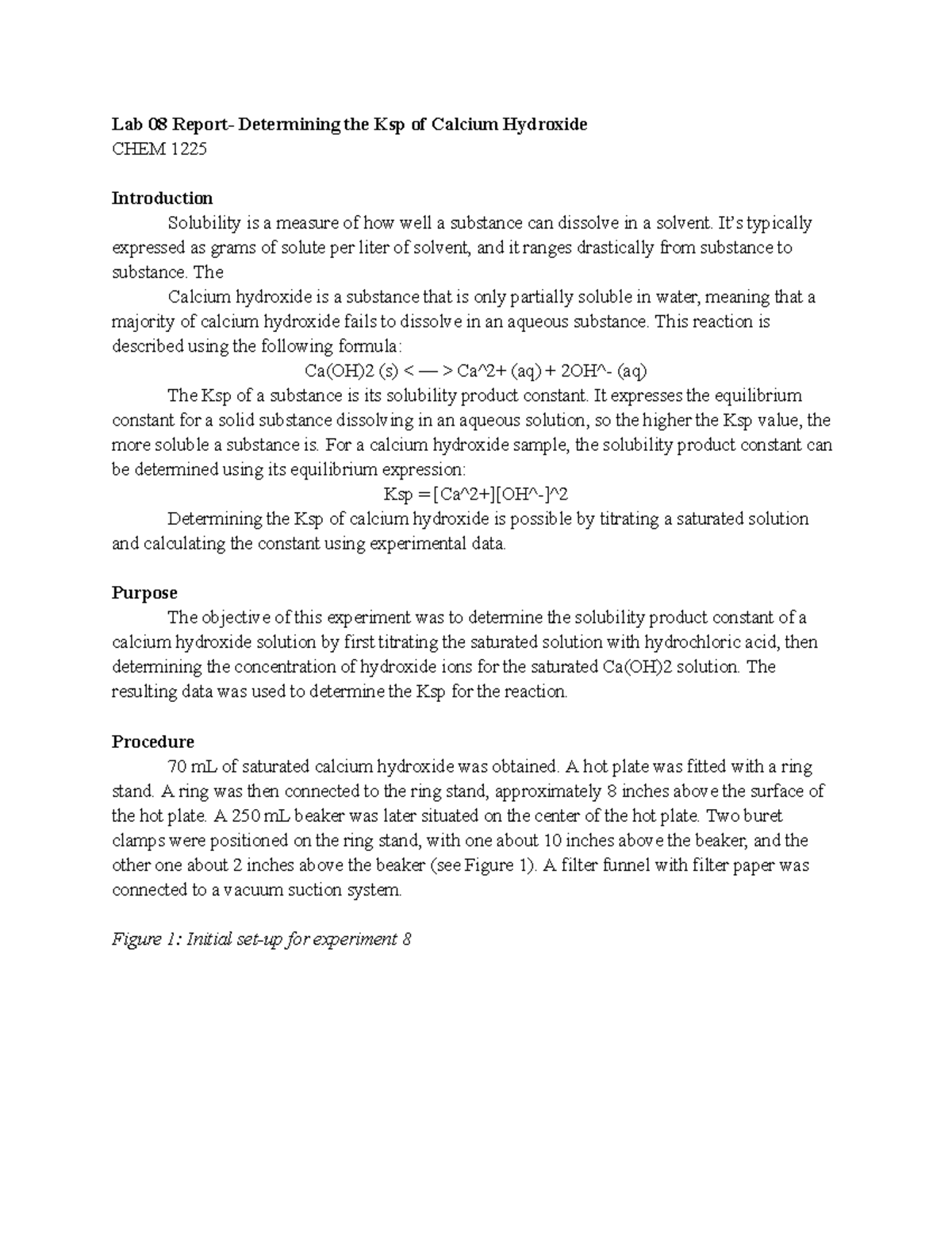 Lab 08 Report for CHEM 1225 - Lab 08 Report- Determining the Ksp of ...
