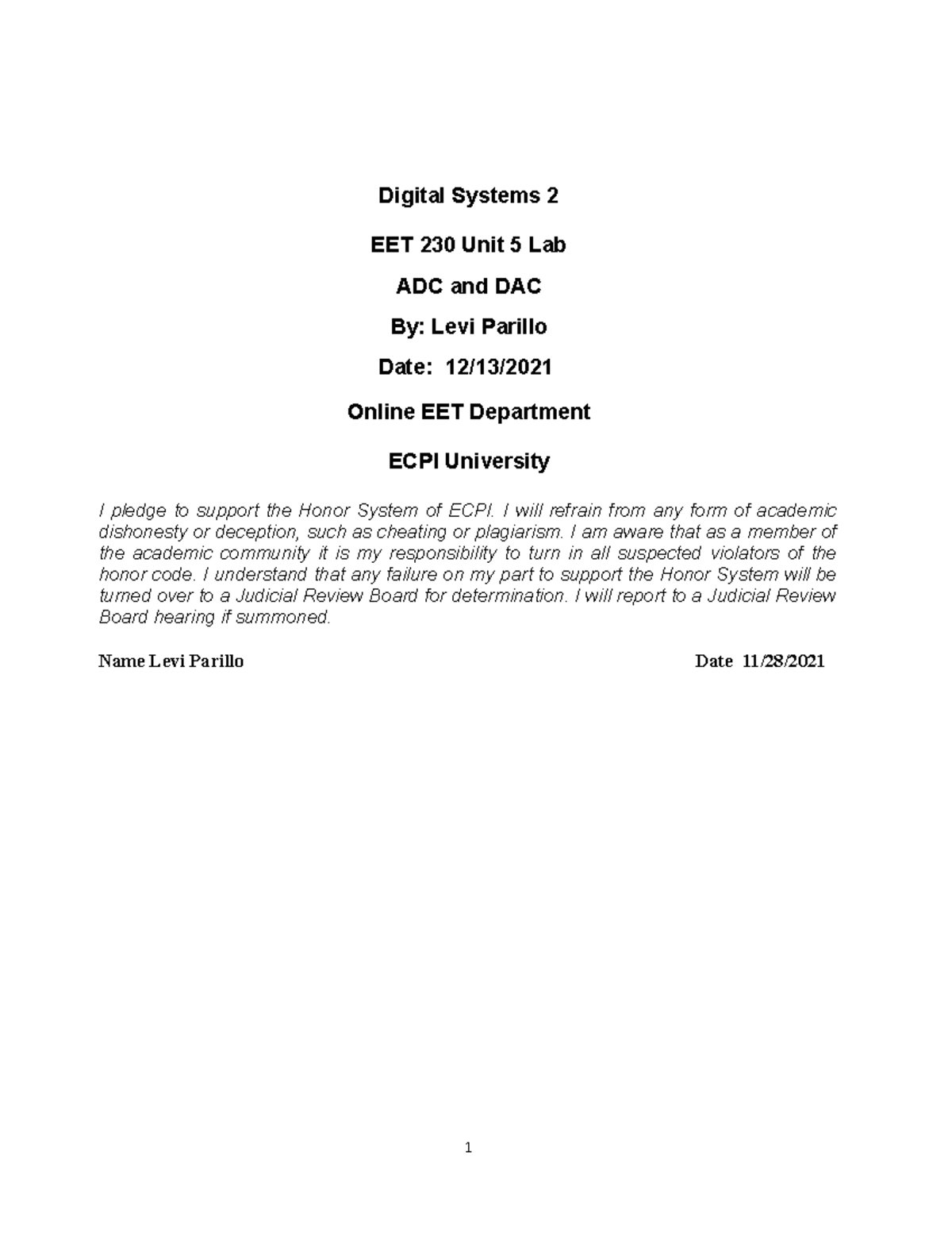 EET230 Lab3 Report - Digital Systems 2 EET 230 Unit 5 Lab ADC and DAC ...