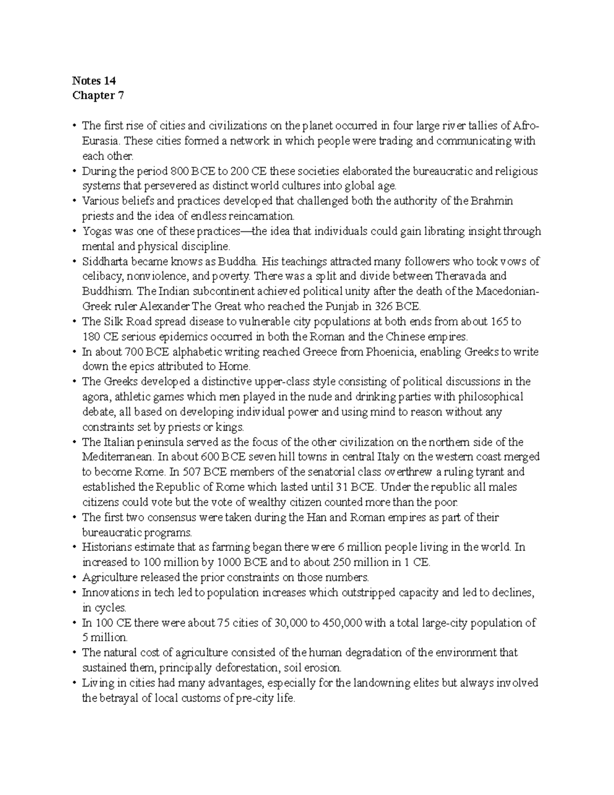 Notes 14 woh pdf - Notes 14 Chapter 7 The first rise of cities and ...