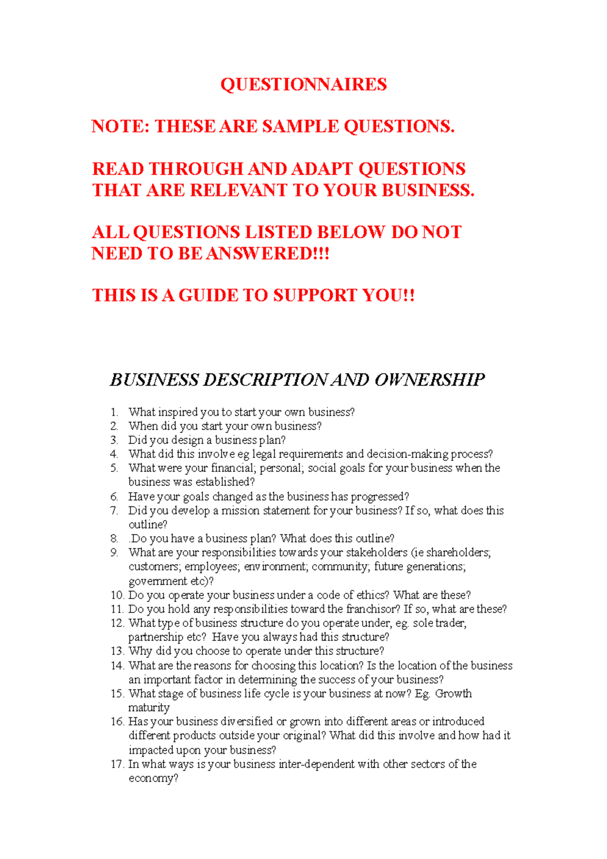 Questionnaires - notes - QUESTIONNAIRES NOTE: THESE ARE SAMPLE ...