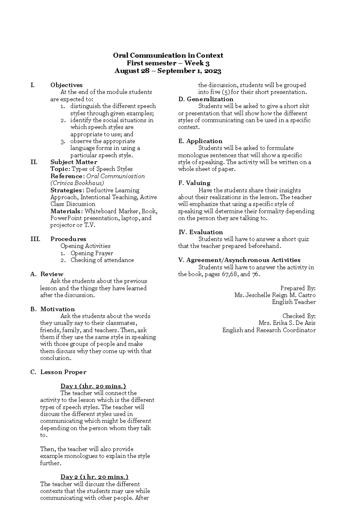 Lesson Plan Oral Com Module 3 - Oral Communication in Context First ...