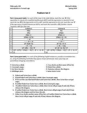 Problem Set 1S - Introduction to Formal Logic 201 homework 1 ...