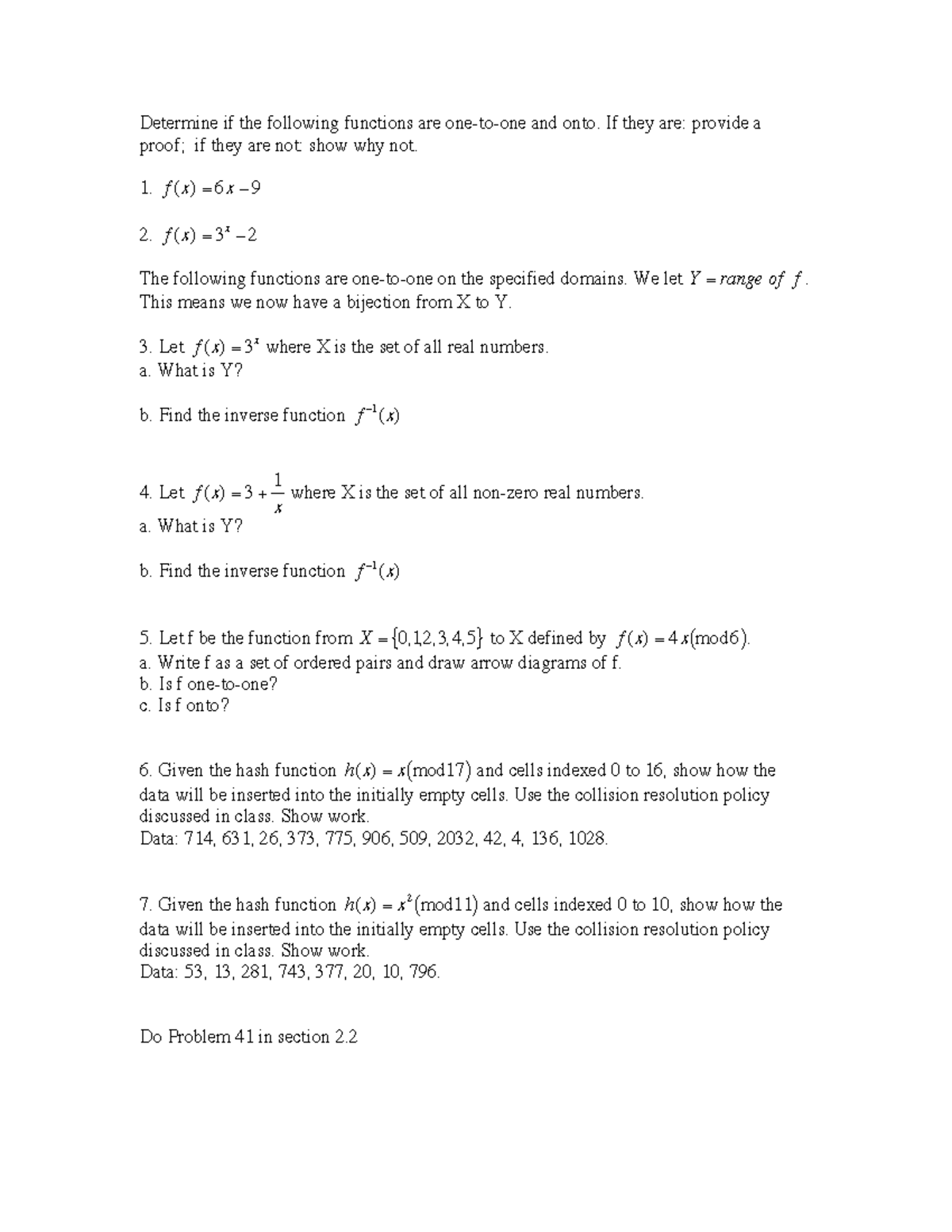 Chapter 2WS - practice - Determine if the following functions are one ...