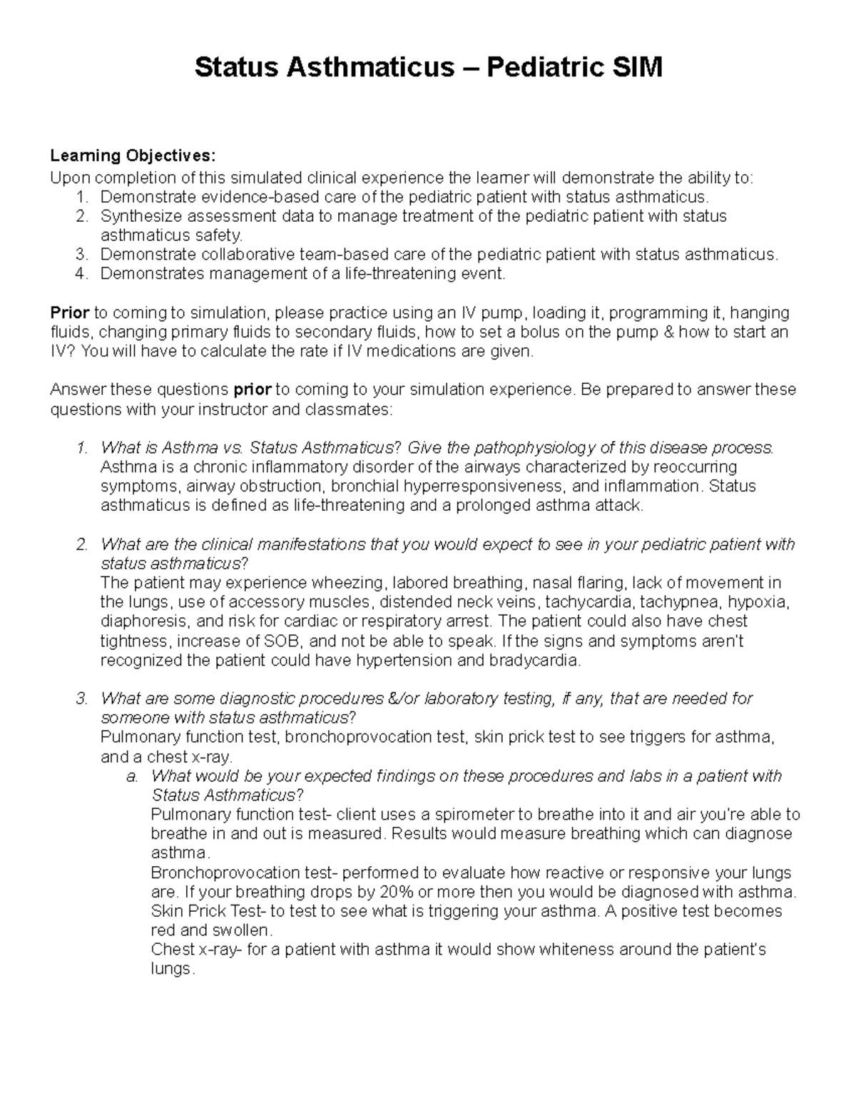Status Asthmaticus Peds Simulation - Status Asthmaticus – Pediatric SIM Learning Objectives ...