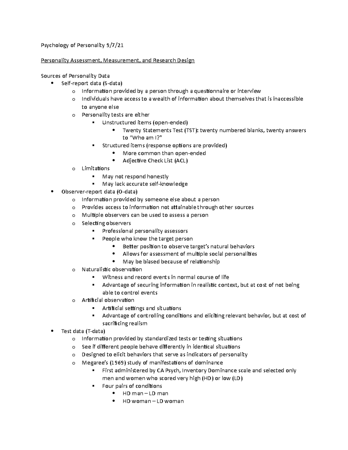 PP Chapter 2 - Lecture notes 2 - Psychology of Personality 9/7 ...