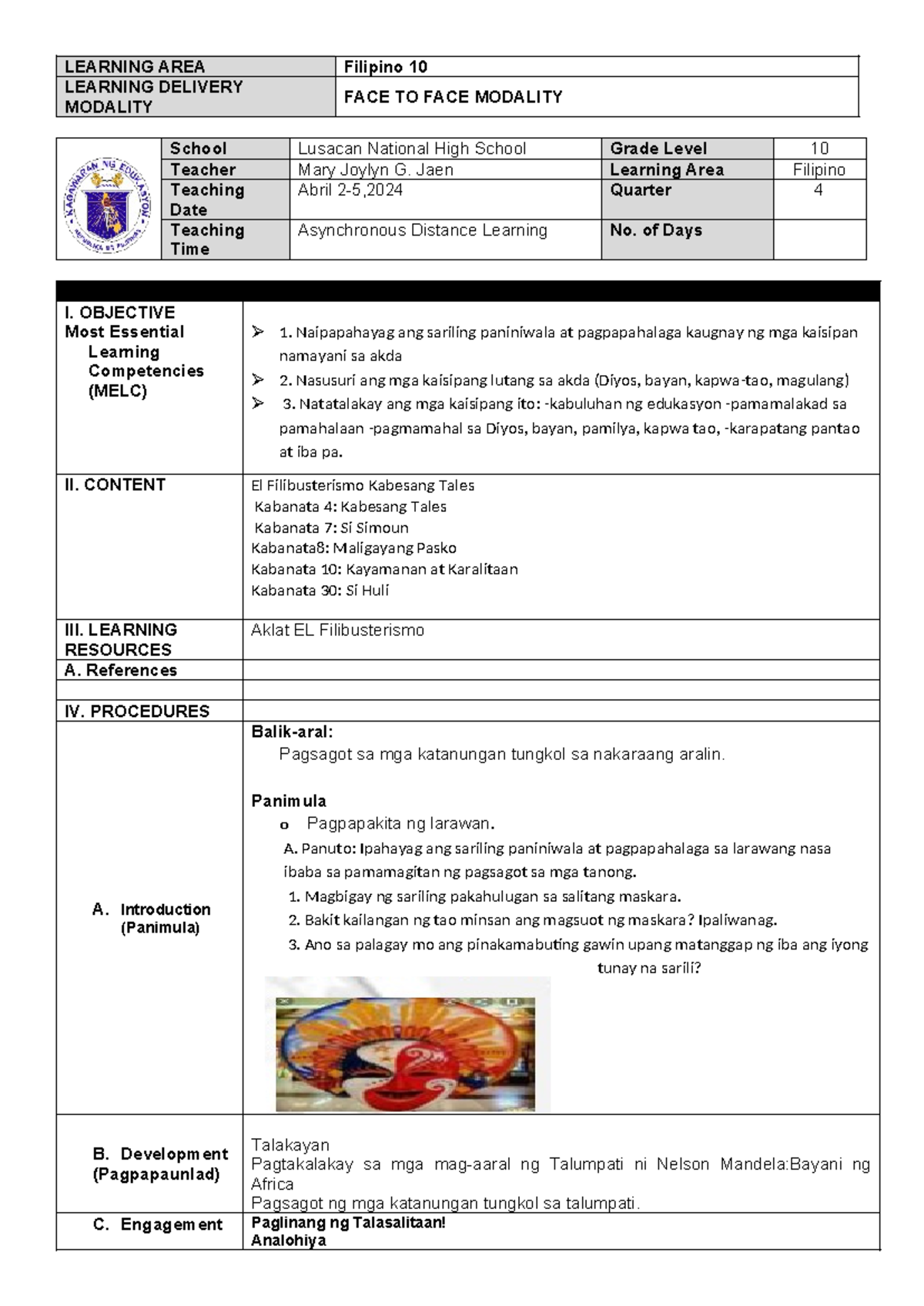 IDEA Exemplar mar28 - LEARNING AREA Filipino 10 LEARNING DELIVERY ...