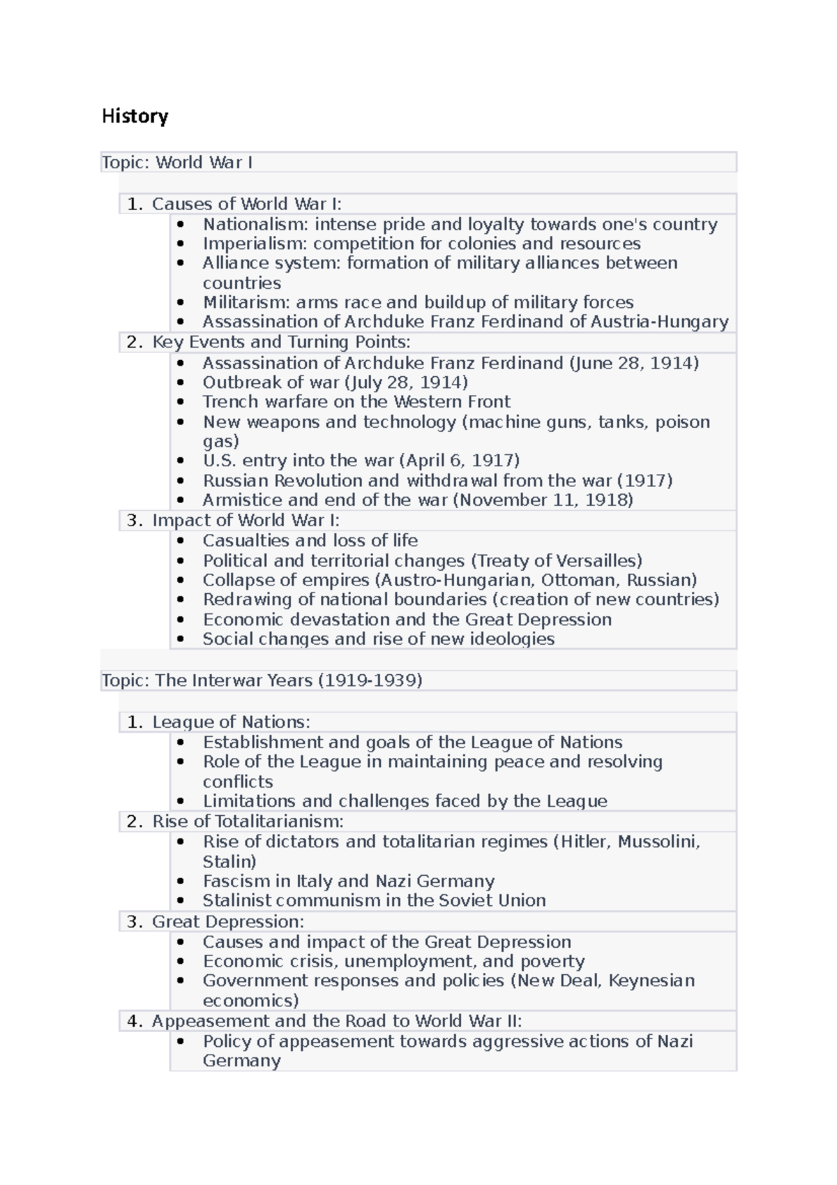 History - yes - History Topic: World War I 1. Causes of World War I ...