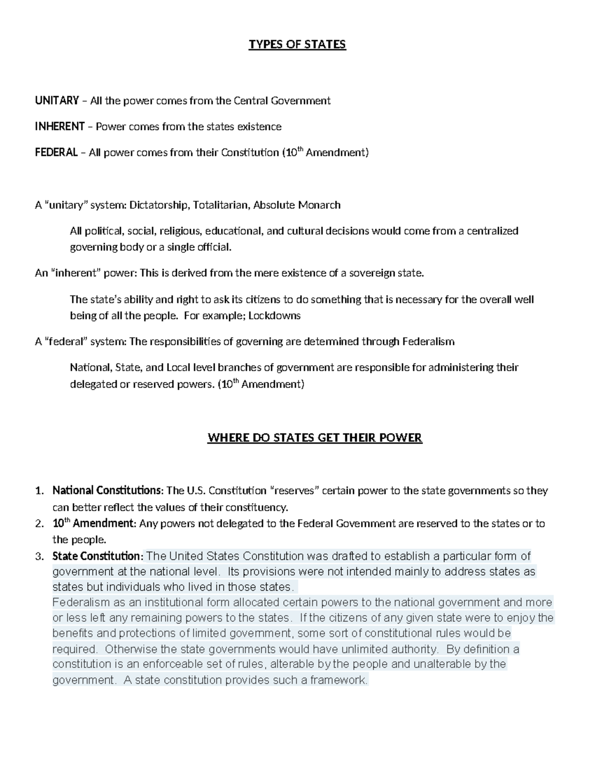 Types of States - TYPES OF STATES UNITARY – All the power comes from ...