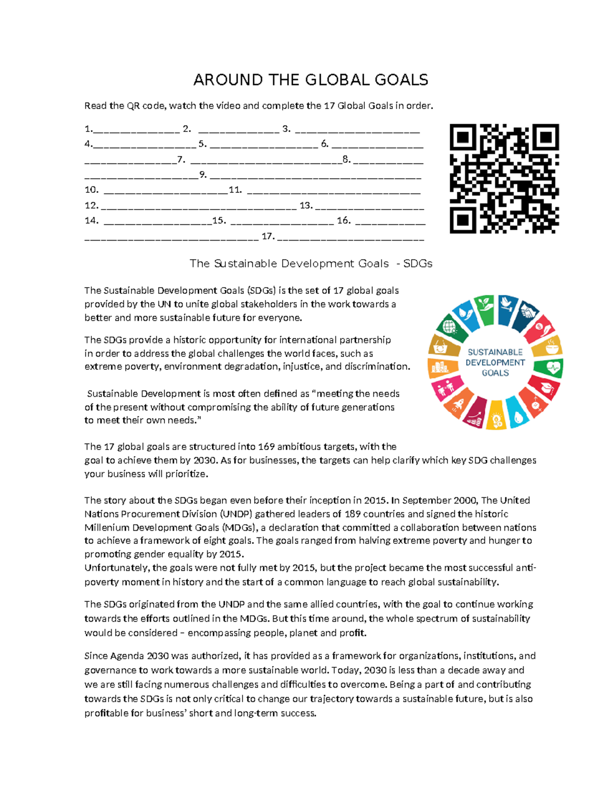 Readingg sdg - Reading activity about SDGs. - AROUND THE GLOBAL GOALS ...