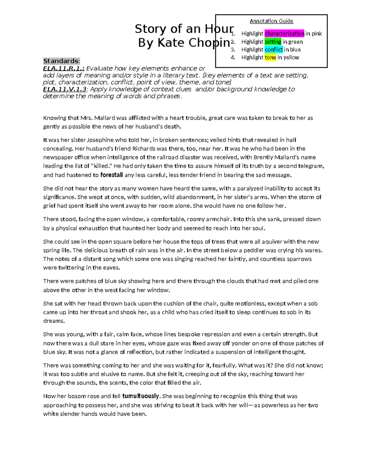 The Story of an Hour by Kate Chopin Close Read-1 - Annotation Guide 1 ...